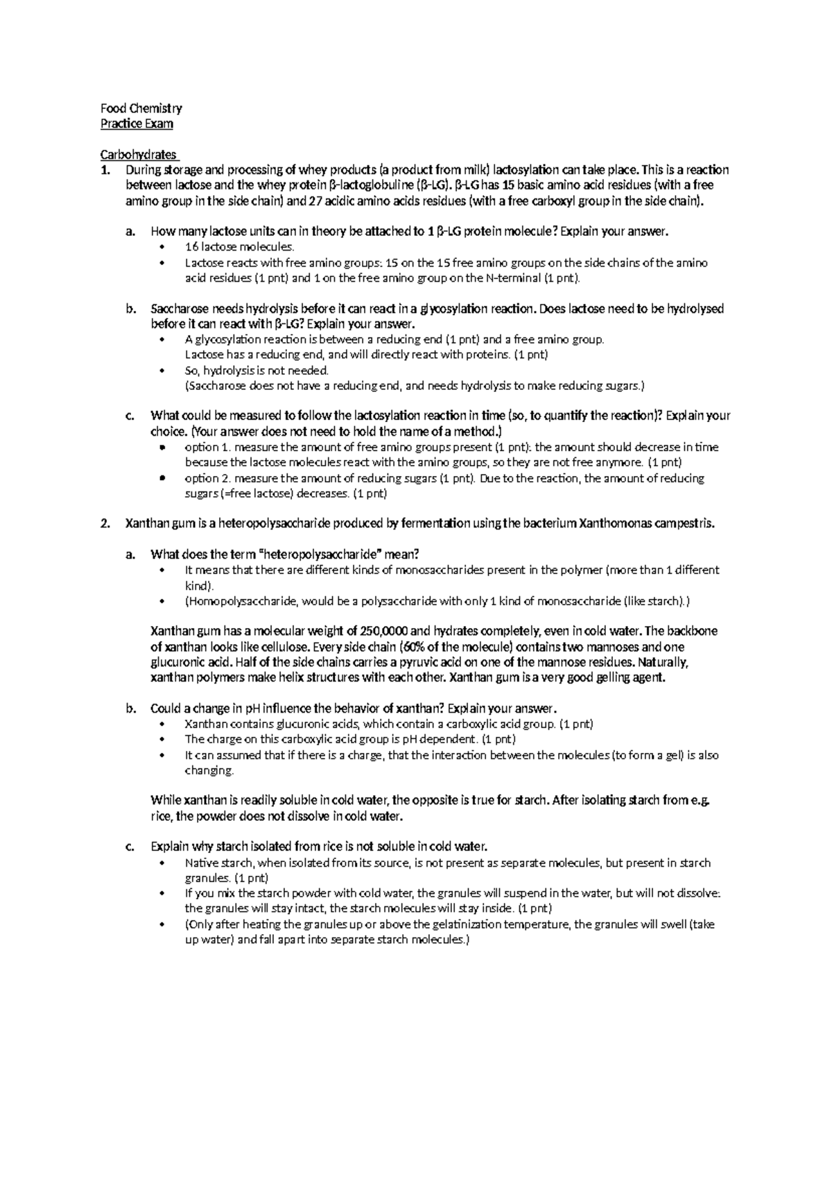 Food Chemistry - CHM 301 Practice Exam Open Questions on Carbohydrates ...