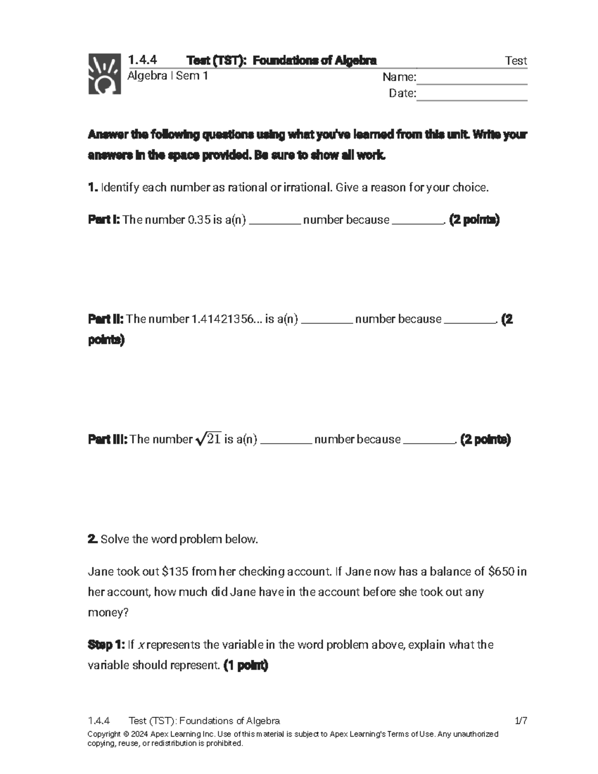 Foundations of Algebra (TST) - Comprehensive Test Questions & Answers ...