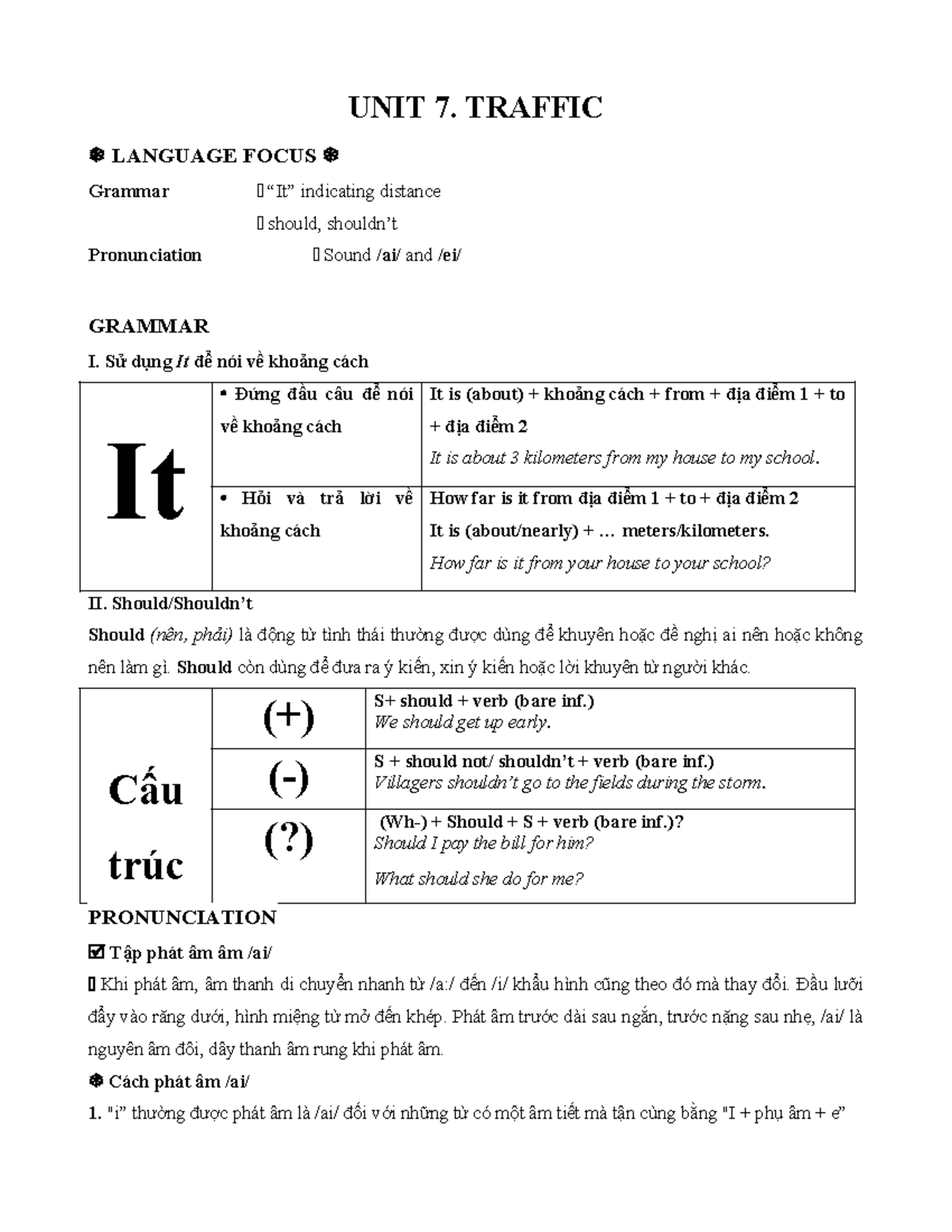 UNIT 7: TRAFFIC - GRAMMAR & PRONUNCIATION NOTES (TA7) - Studocu
