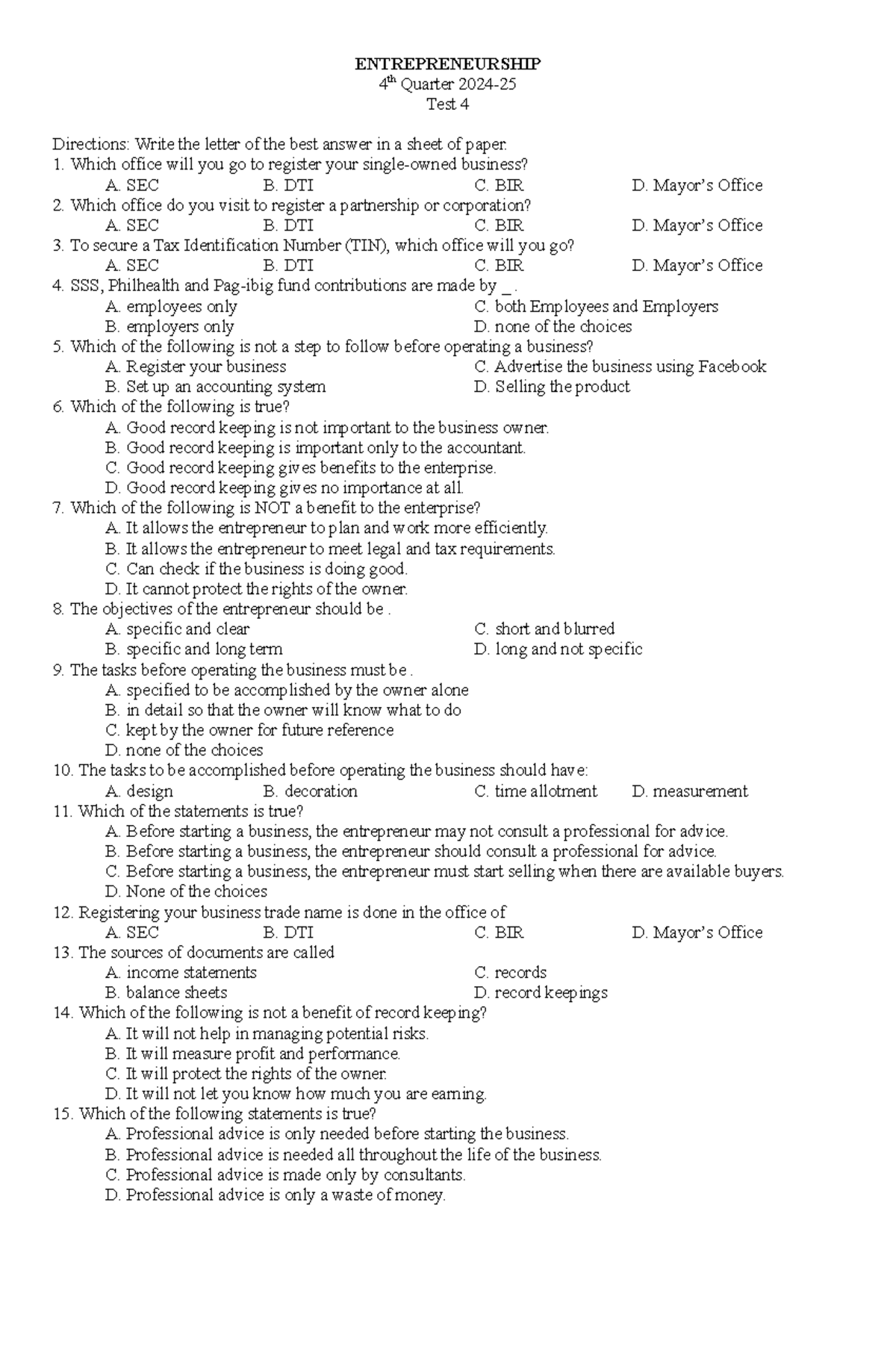 Entrepreneurship 4th Quarter Test 4: Essential Business Concepts - Studocu