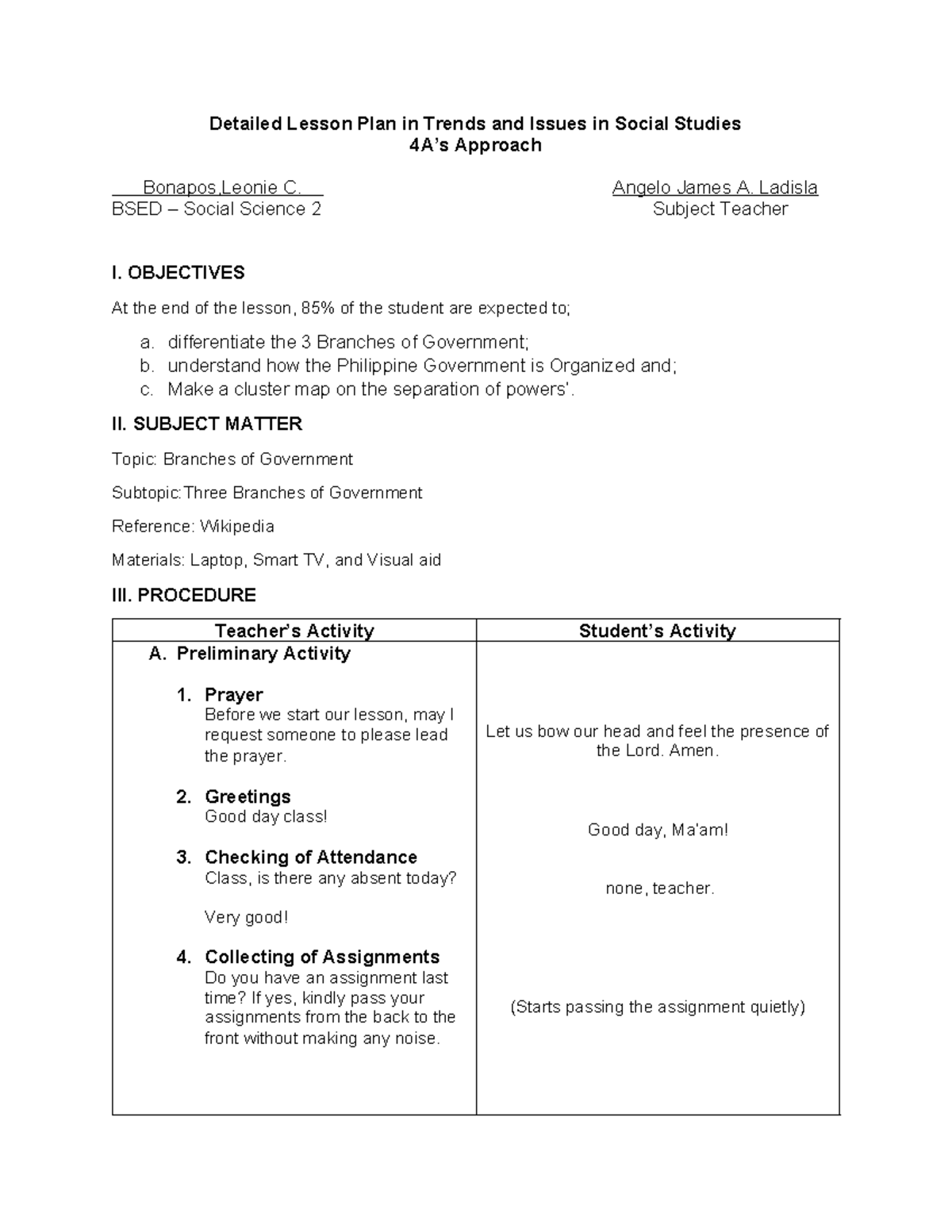BSED Social Science 2: Detailed Lesson Plan on Branches of Government ...