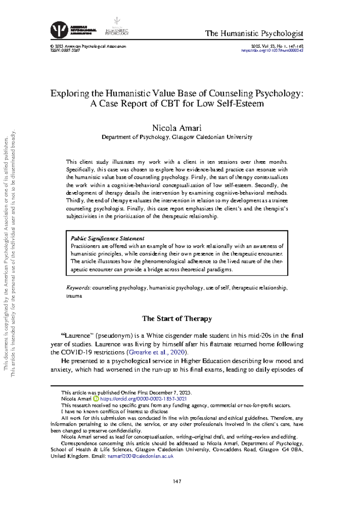Exploring Humanistic Values in Counseling Psychology: CBT for Low Self ...