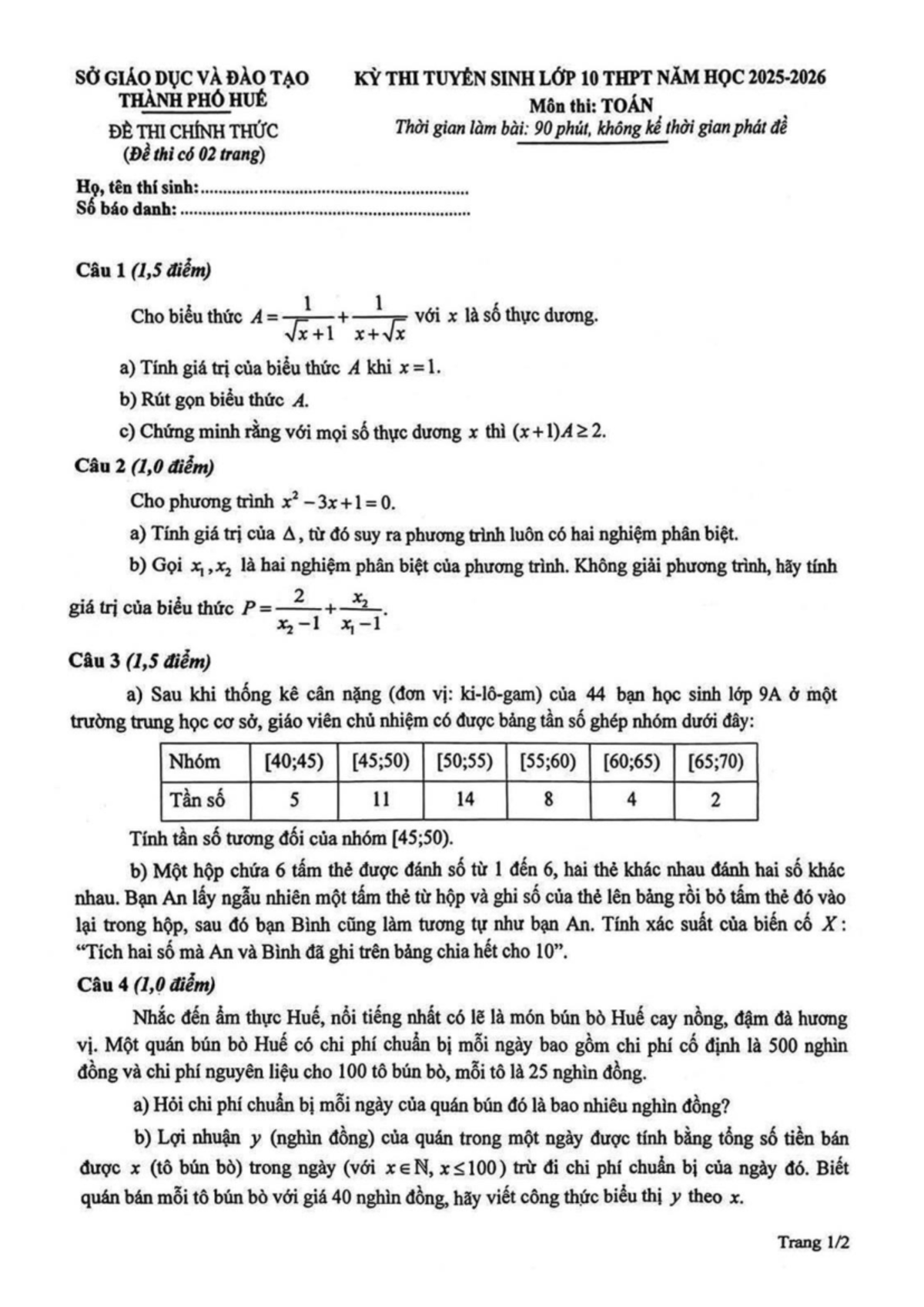 ĐỀ TUYỂN SINH LỚP 10 MÔN TOÁN NĂM HỌC 2025-2026 - Studocu
