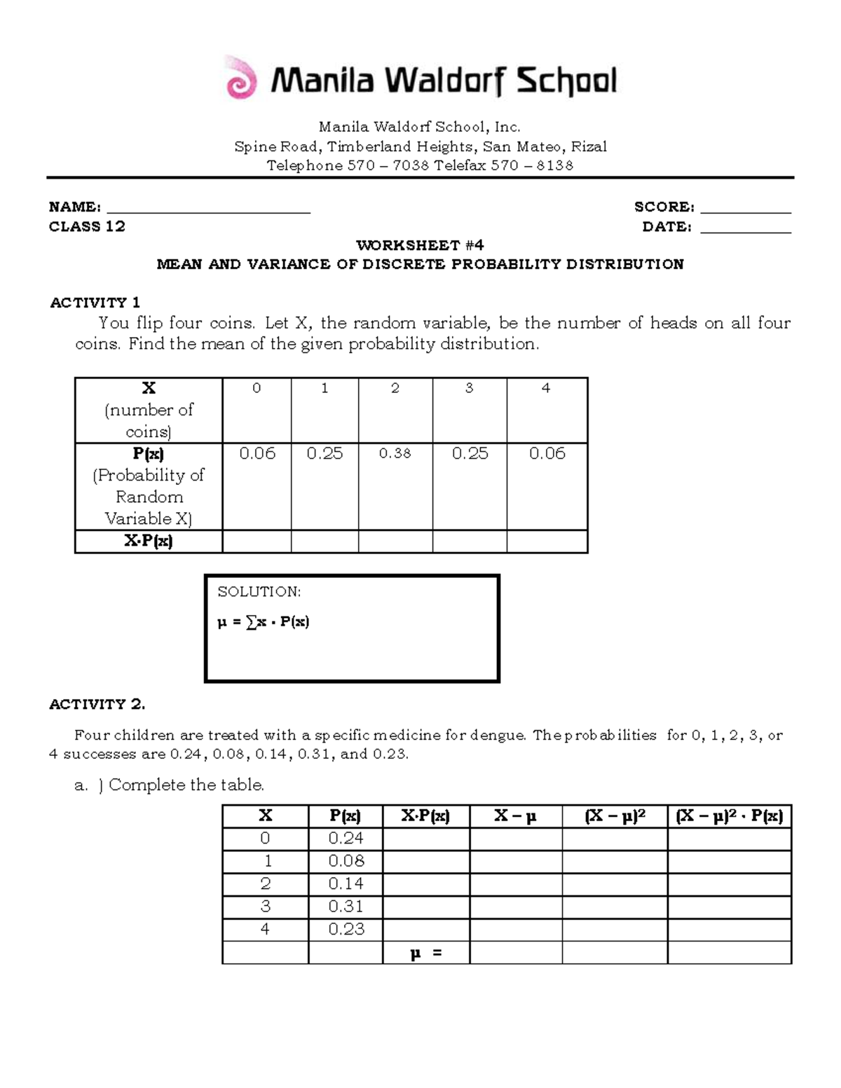 MEAN AND Variance - practice exercises of the students - Manila Waldorf ...