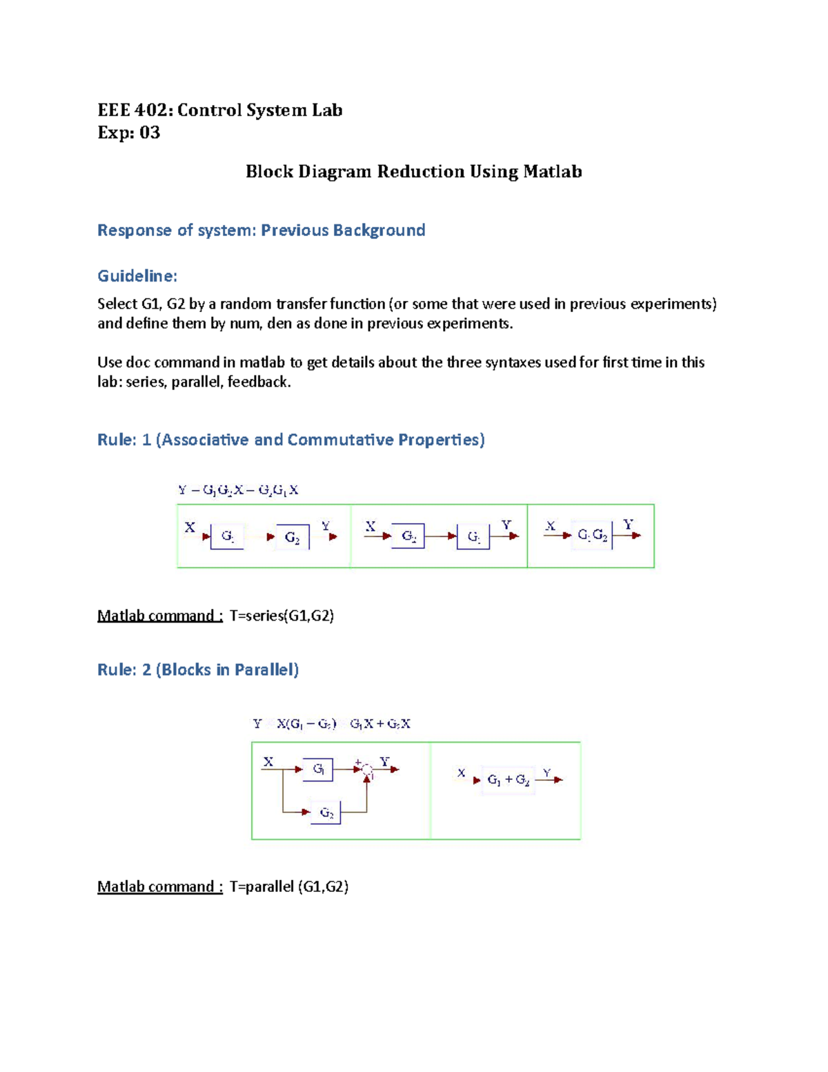 EEE 402 Lab 3 - Block Diagram Reduction Using Matlab - Studocu