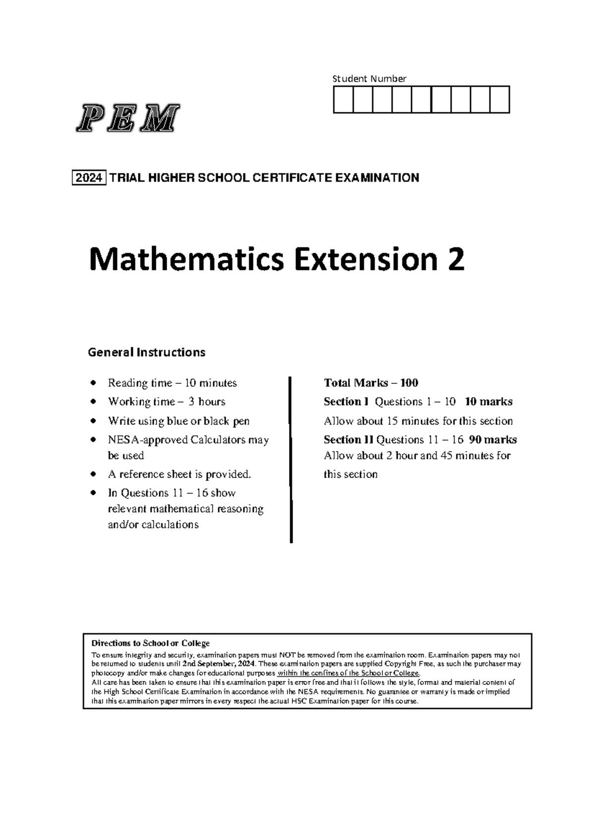 2024 HSC Mathematics Extension 2 Trial Exam Paper - Studocu