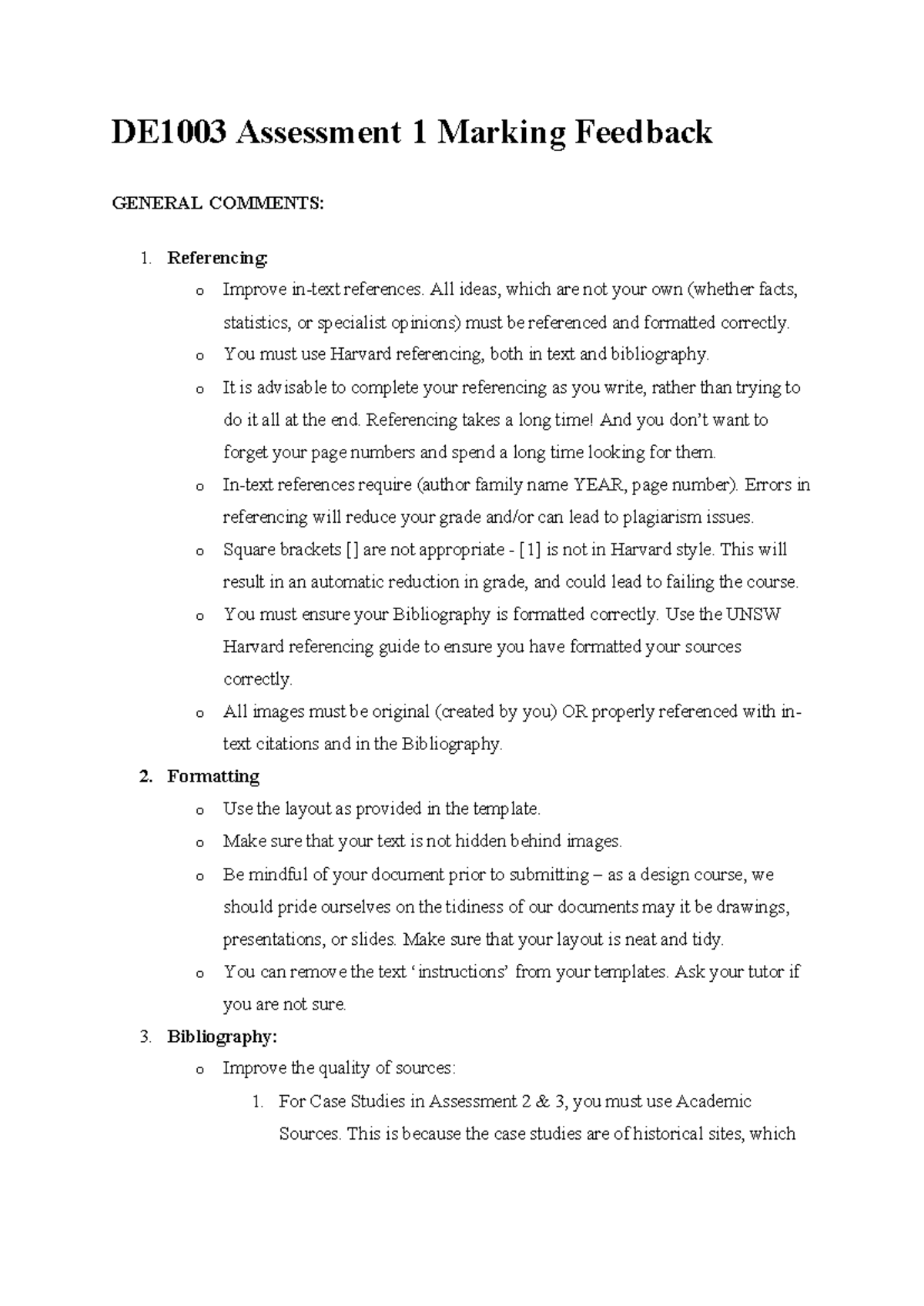 DE1003 Assessment 1 General Feedback and Marking Comments - Studocu