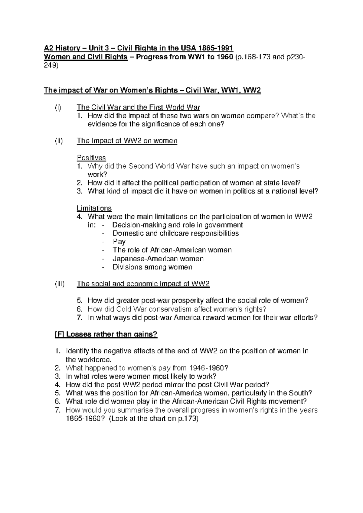A2 History: The Impact of War on Women's Rights (1865-1991) - Studocu