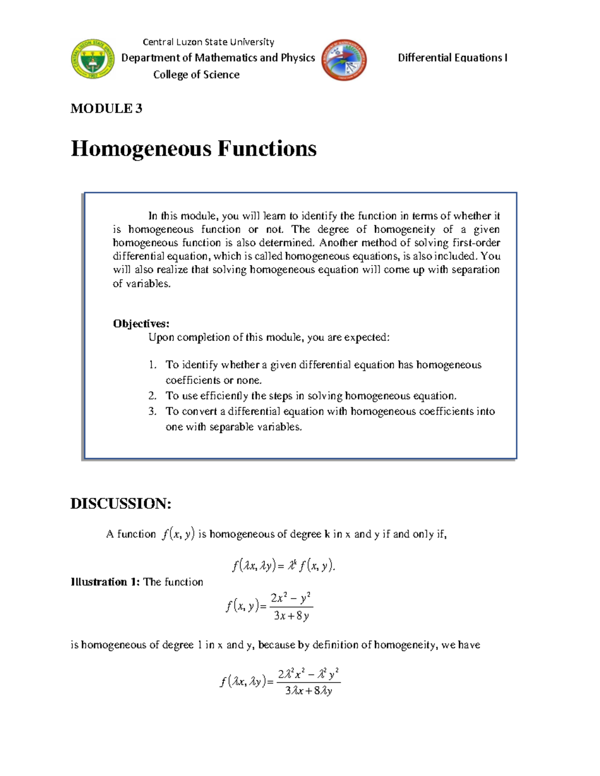 MATH 2230 Differential Equations I 2nd Sem. A.Y. Module 3: Homogeneous ...