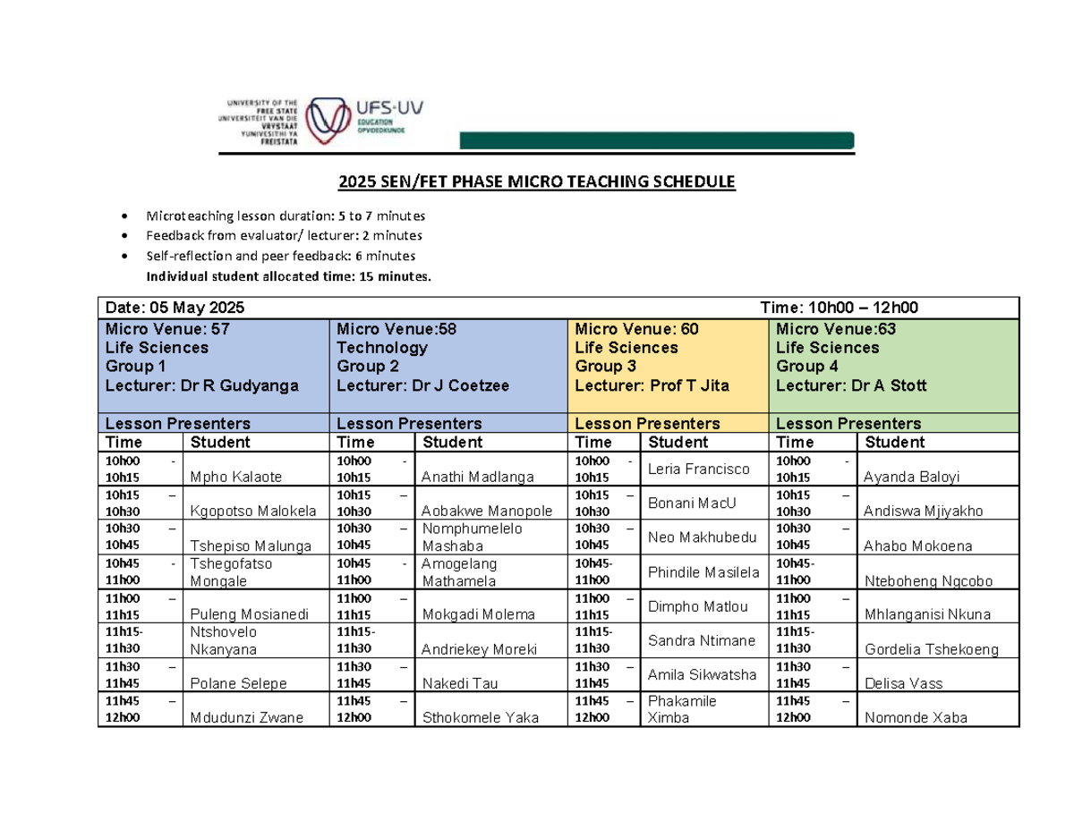 2025 SEN/FET Phase Micro Teaching Schedule and Timetable - Studocu