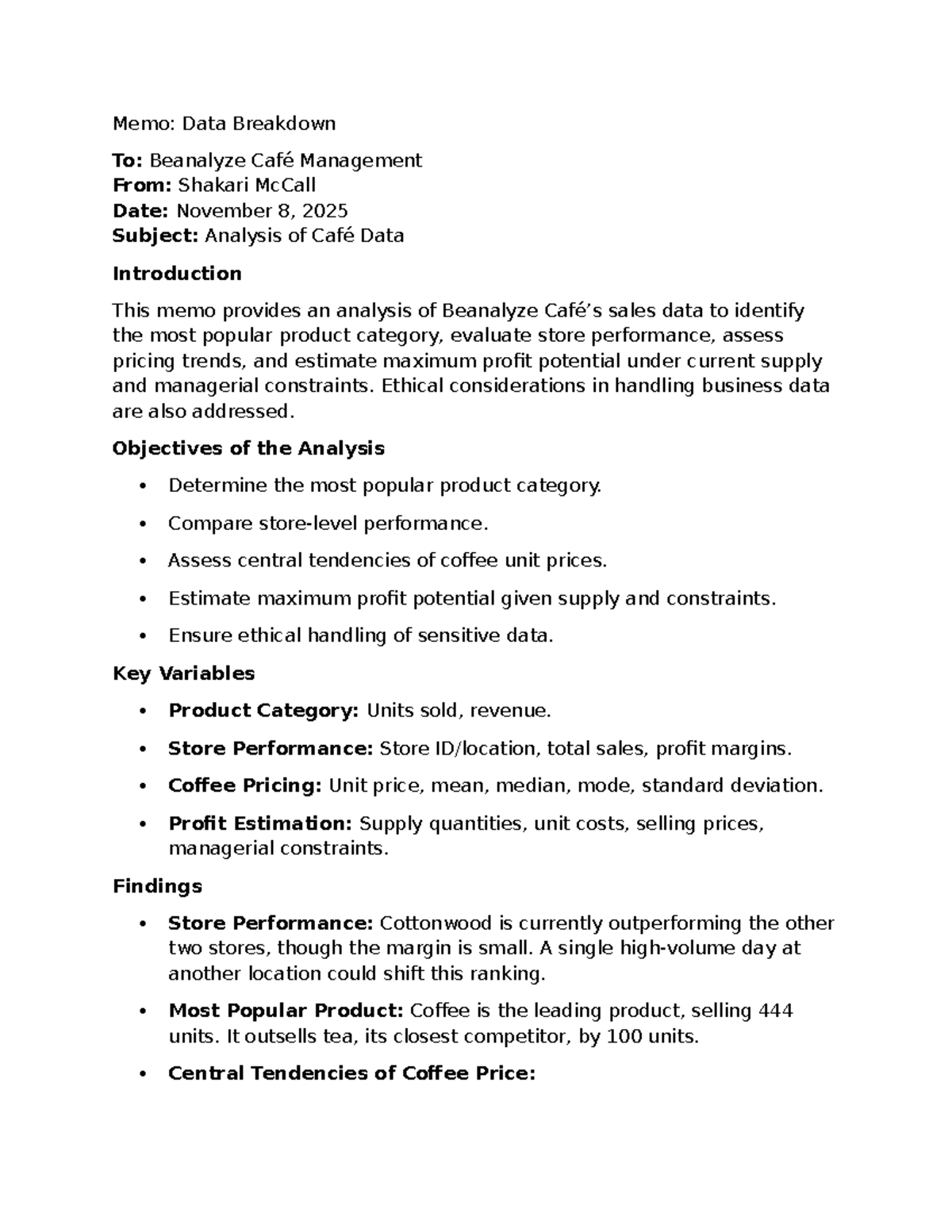 Memo 2-2: Analysis of Beanalyze Café Sales Data and Insights - Studocu