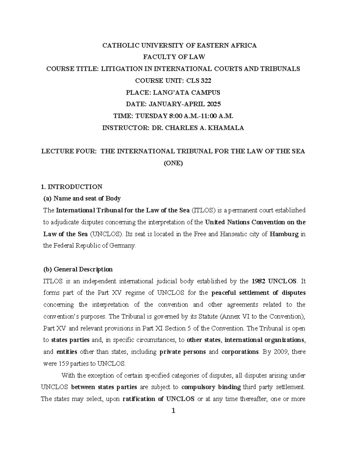 Lecture FOUR International Tribunal FOR THE LAW OF THE SEA - CATHOLIC ...