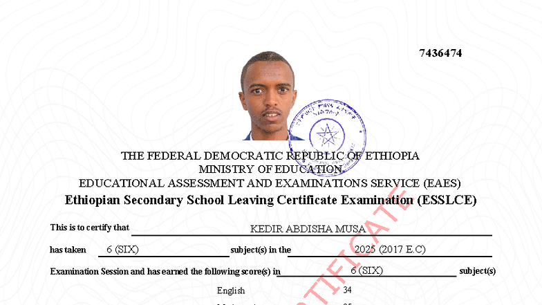 7436474 ESSLCE Exam Results for Kedir Abdisah Musa - Studocu