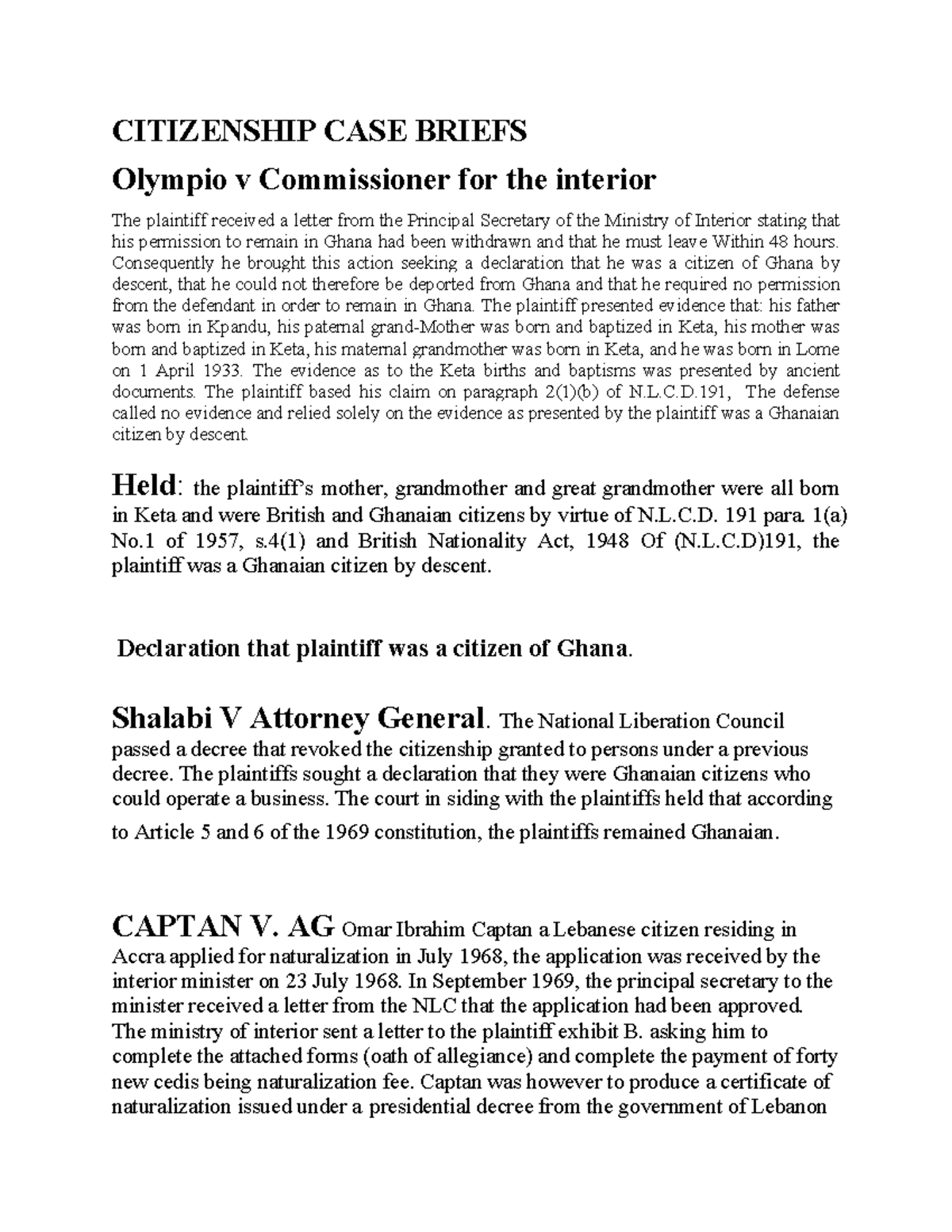 CIT 101: Citizenship Case Briefs - Key Legal Decisions in Ghana - Studocu