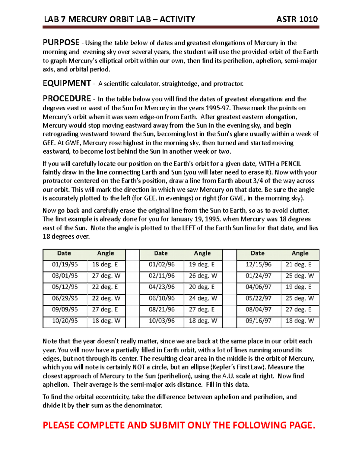 ASTR 1010 LAB 7 Mercury Orbit Report form - LAB 7 MERCURY ORBIT LAB – ACTIVITY ASTR 1010 PURPOSE ...