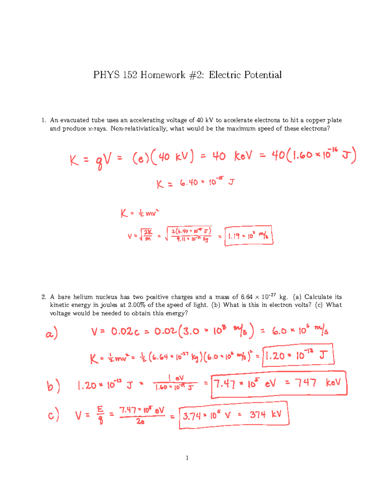 PHYS 152 Homework #2: Electric Potential & Related Calculations - Studocu