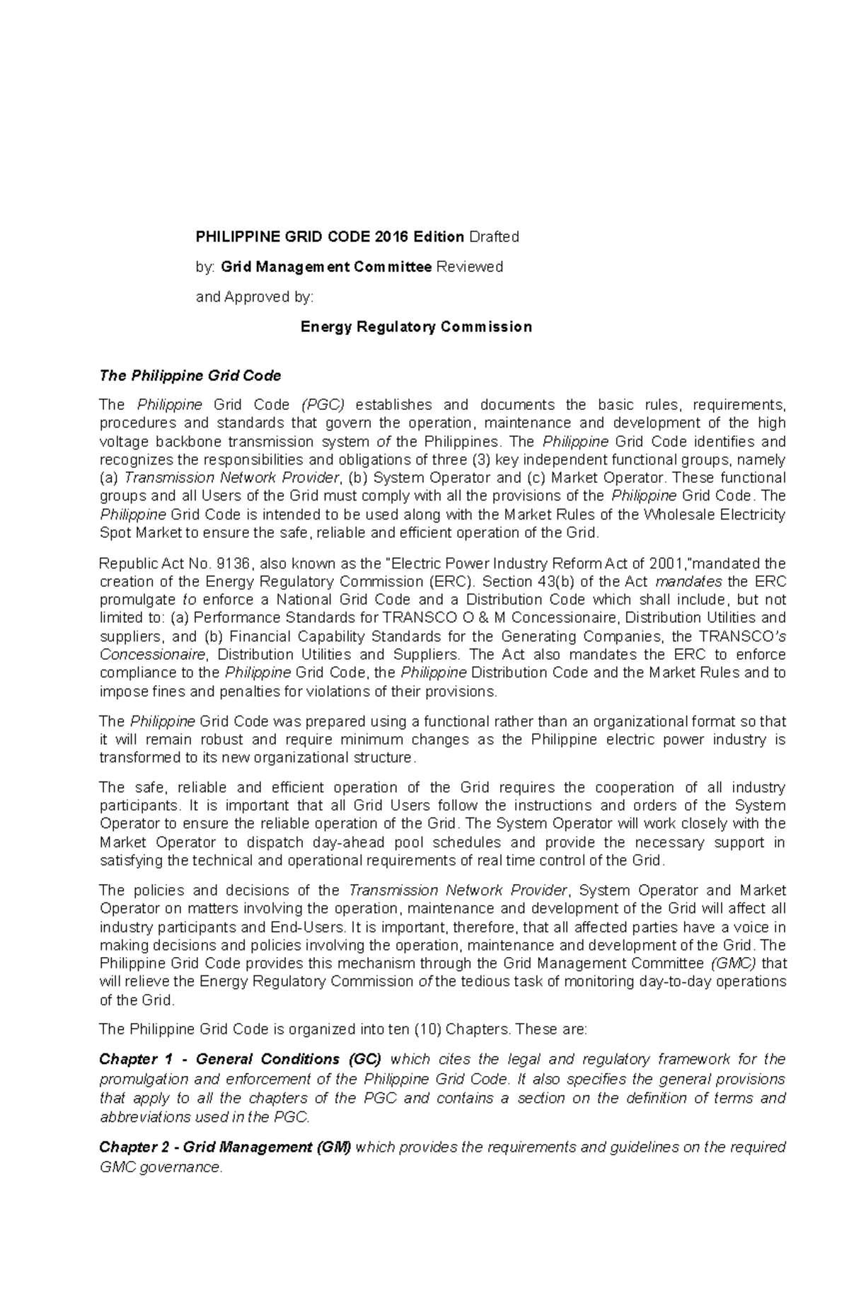 Grid Code in EE - PHILIPPINE GRID CODE 2016 Edition Drafted by: Grid ...