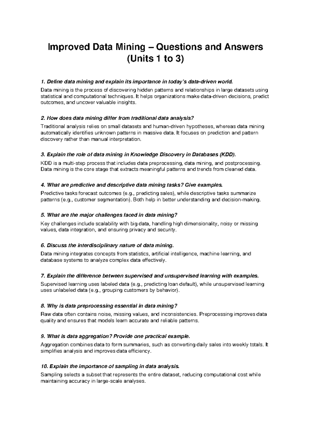 Data Mining Q&A: Insights from Units 1 to 3 - Studocu