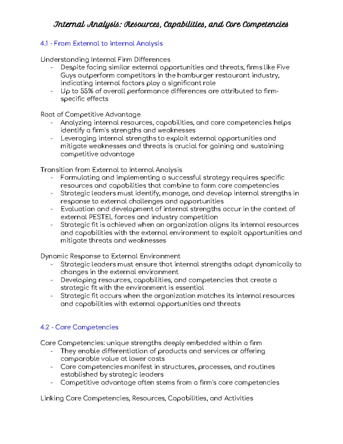Ch.4 Internal Analysis: Resources, Capabilities, and Competencies Overview - Studocu