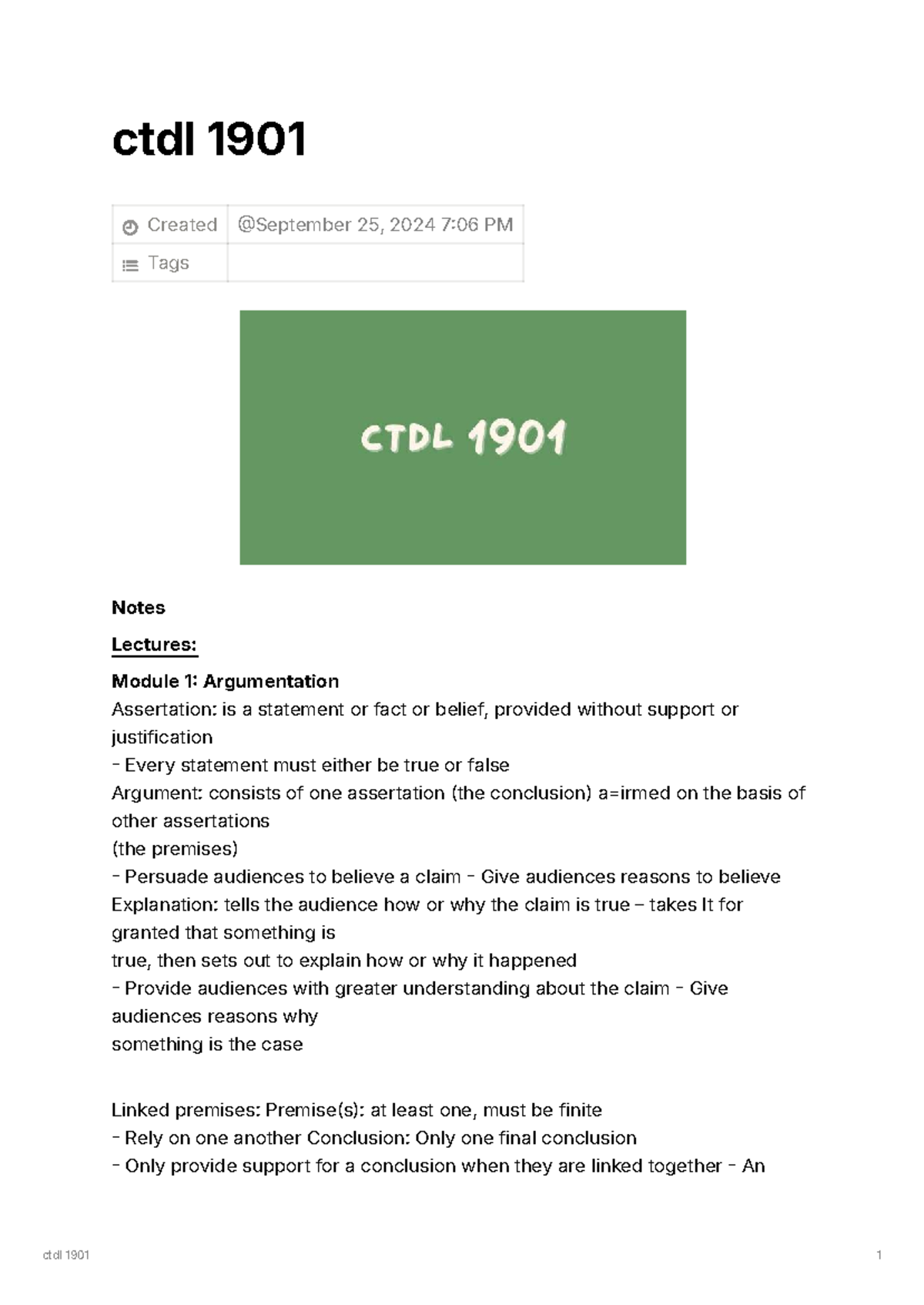 CTDL 1901 Lecture Notes: Argumentation, Reasoning, and Fallacies - Studocu