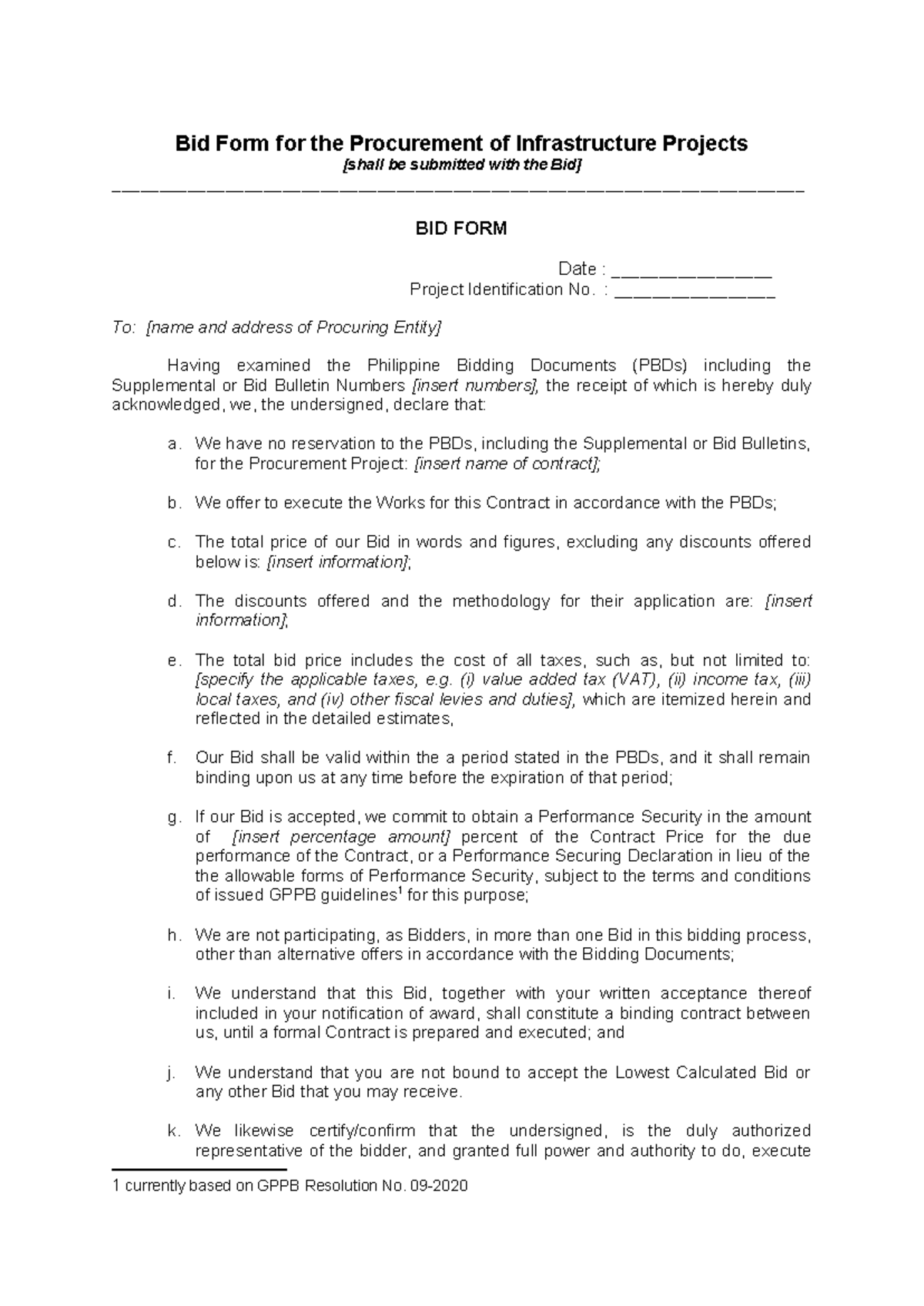 Bid Form for Infrastructure Projects Procurement - Studocu