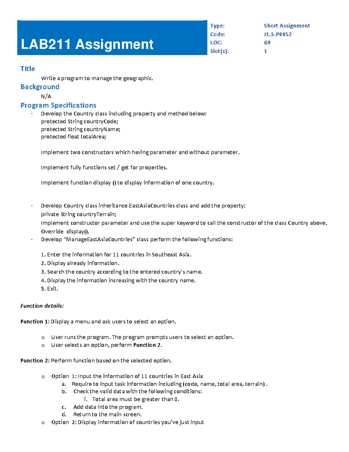 LAB211 Short Assignment: Country Management Program Development - Studocu