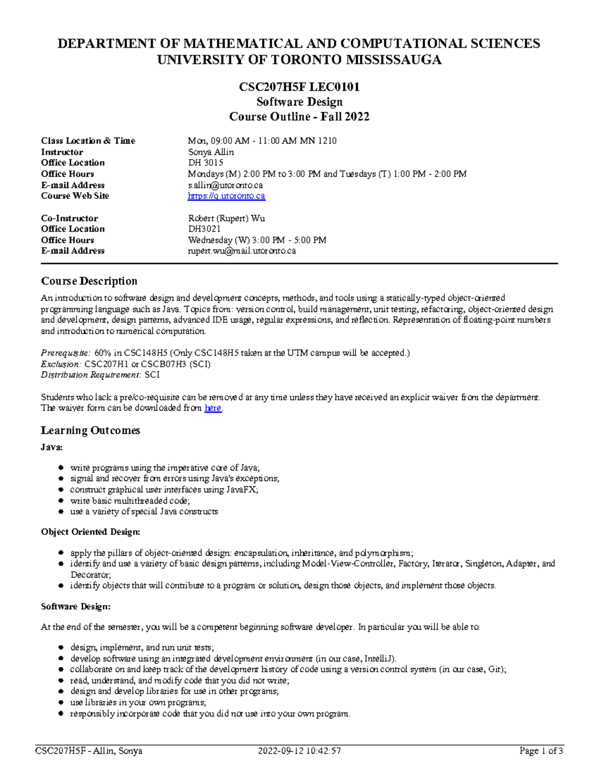 CSC207H5F - Software Design Course Outline Fall 2022 - Studocu