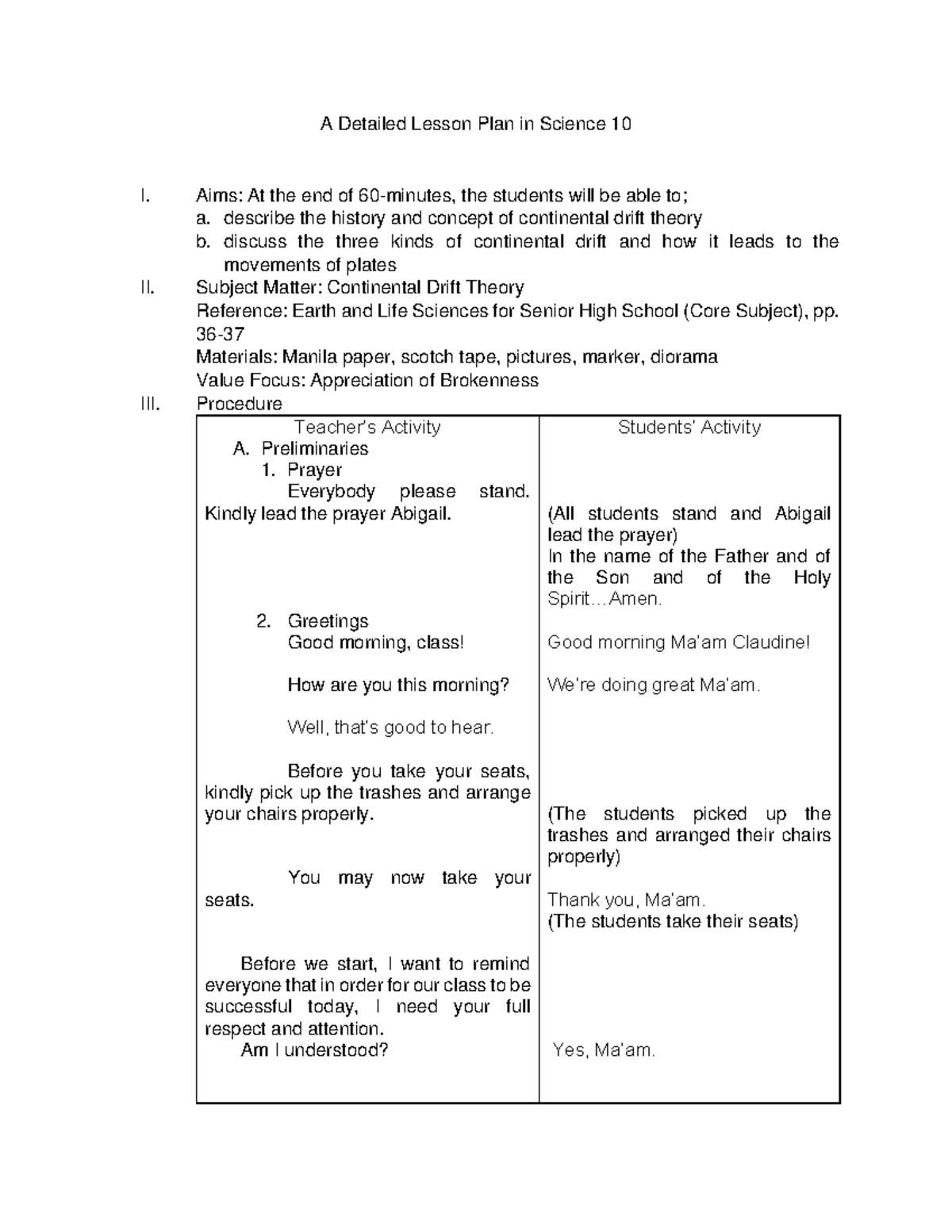 Detailed Lesson Plan: Continental Drift Theory in Science 10 - Studocu