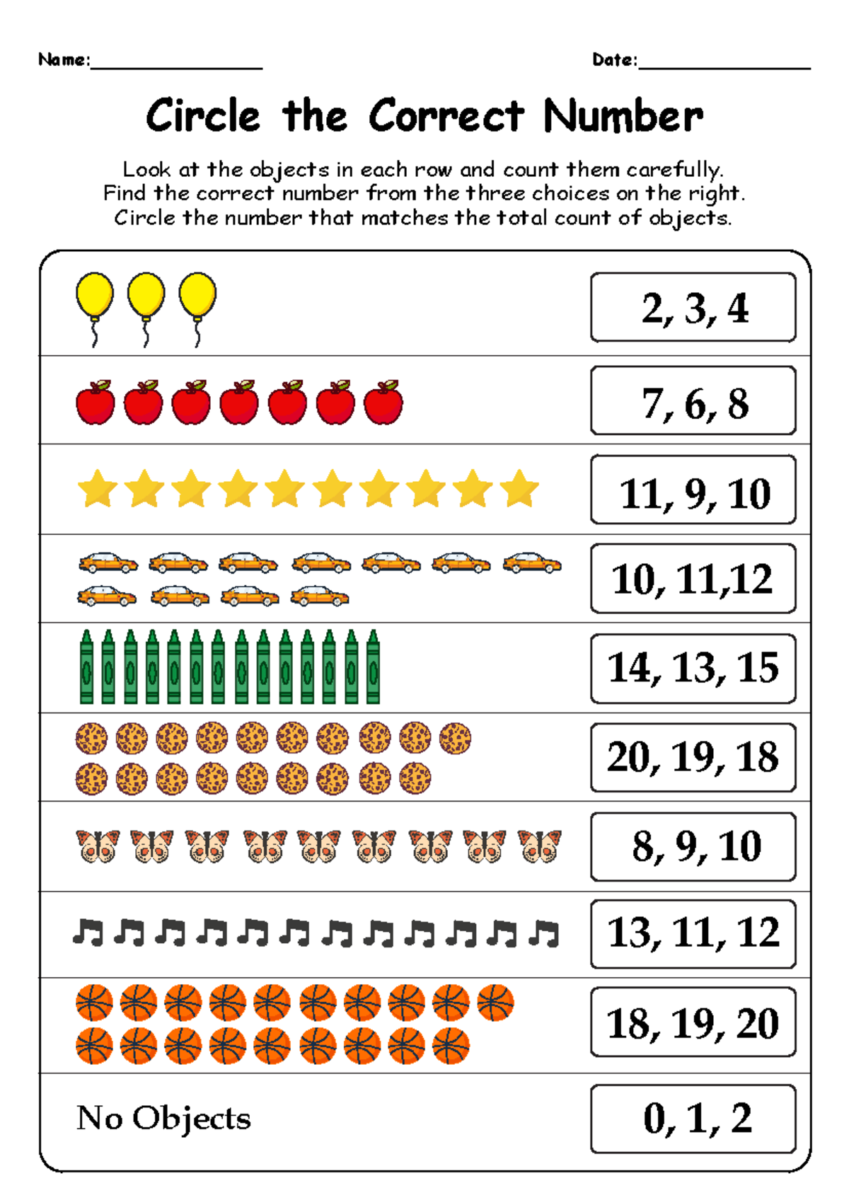 Counting Objects and Choosing the Correct Number - Kindergarten Worksheet - 2, 3, 4 7, 6, 8 11 ...
