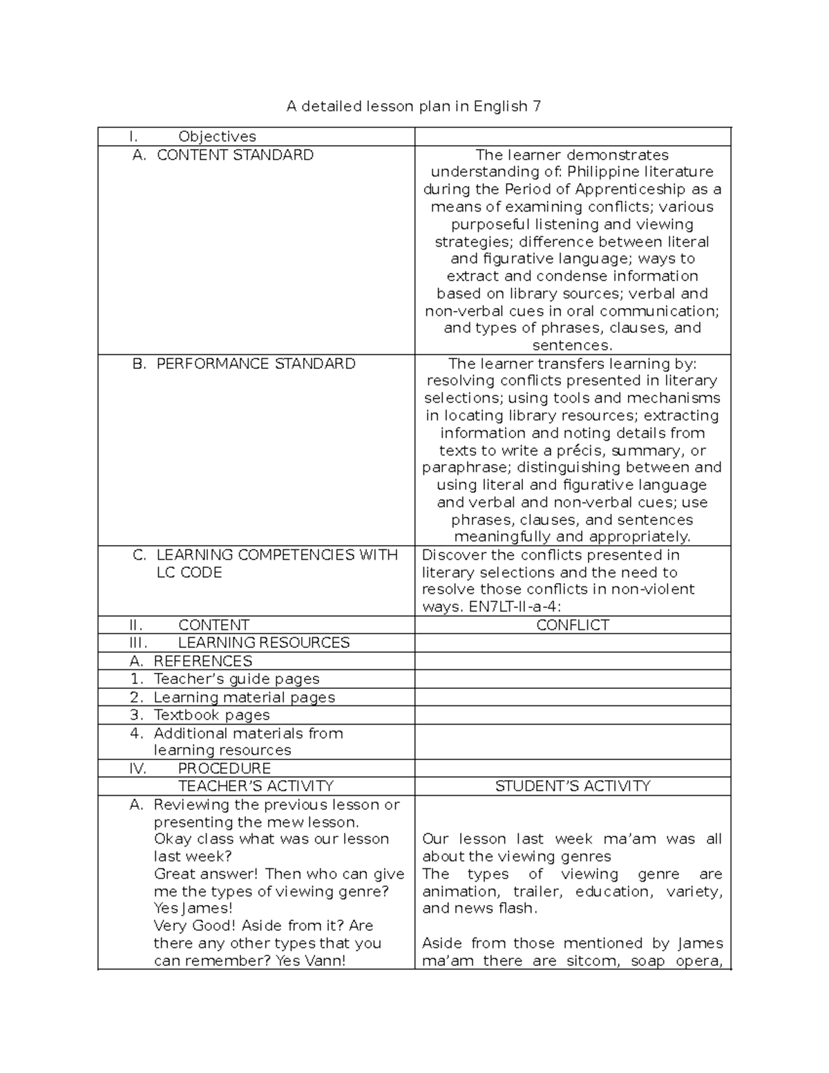 Lesson Plan on Literary Conflicts for EN7 - Philippine Literature - Studocu