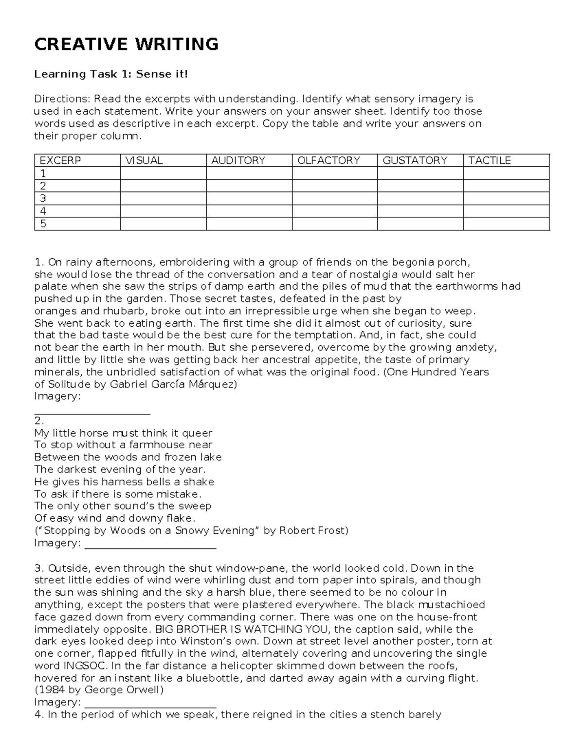 Creative Writing Activity: Sensory Imagery Analysis Exercise - Studocu