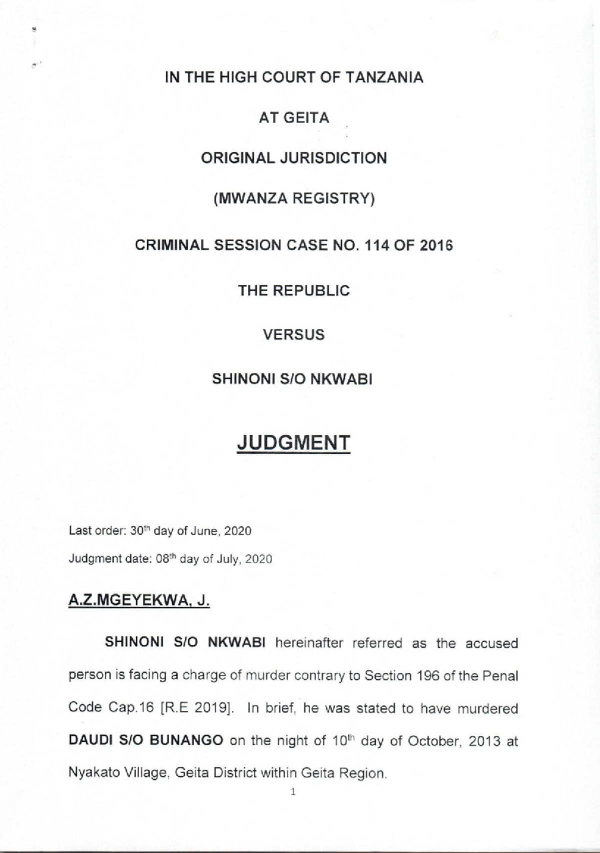 Republic vs Shinon Nkwabi: Judgment in Criminal Case 114/2016 - Studocu