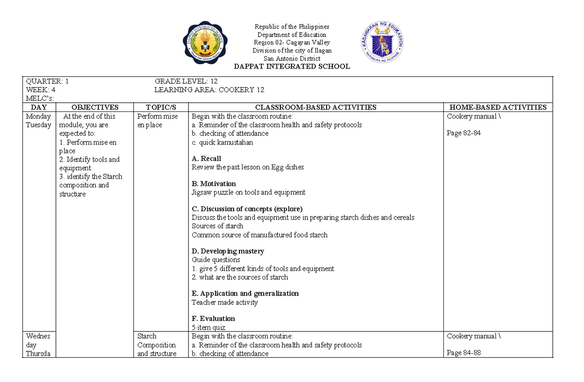 DLL Cookery Week 4 Lesson Plan - Grade 11 TLE-Cookery - Studocu