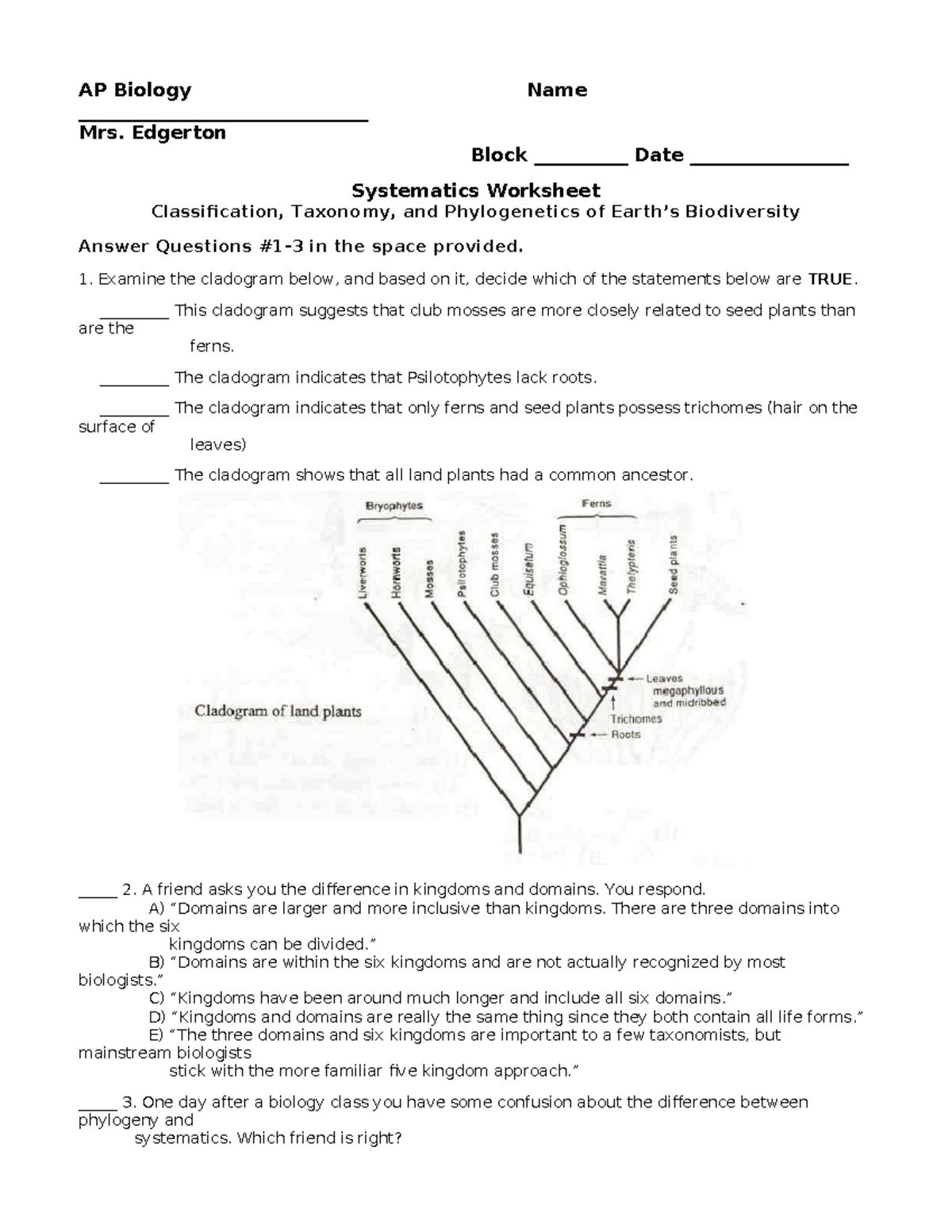 AP Biology (AP Bio) Systematics Worksheet: Classification ...