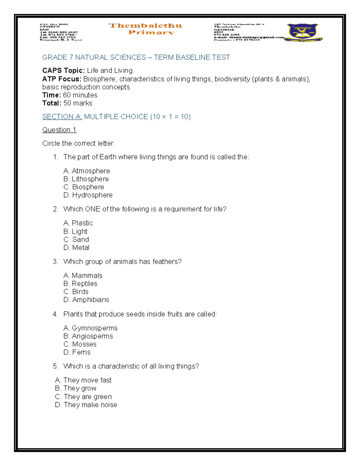 Grade 7 Natural Sciences Term 1 Baseline Assessment - Studocu