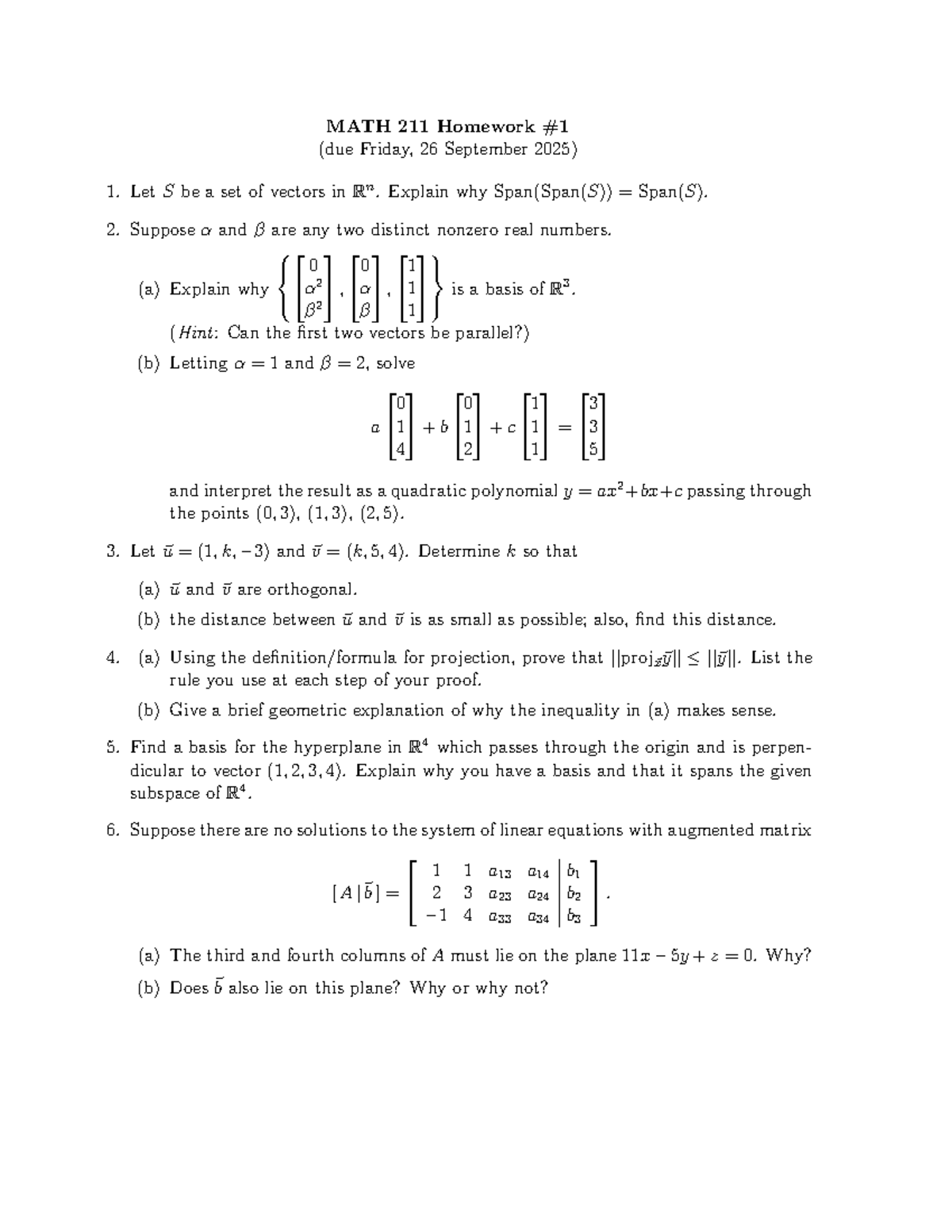 MATH 211 Homework 1: Vector Spaces and Linear Algebra Concepts - Studocu