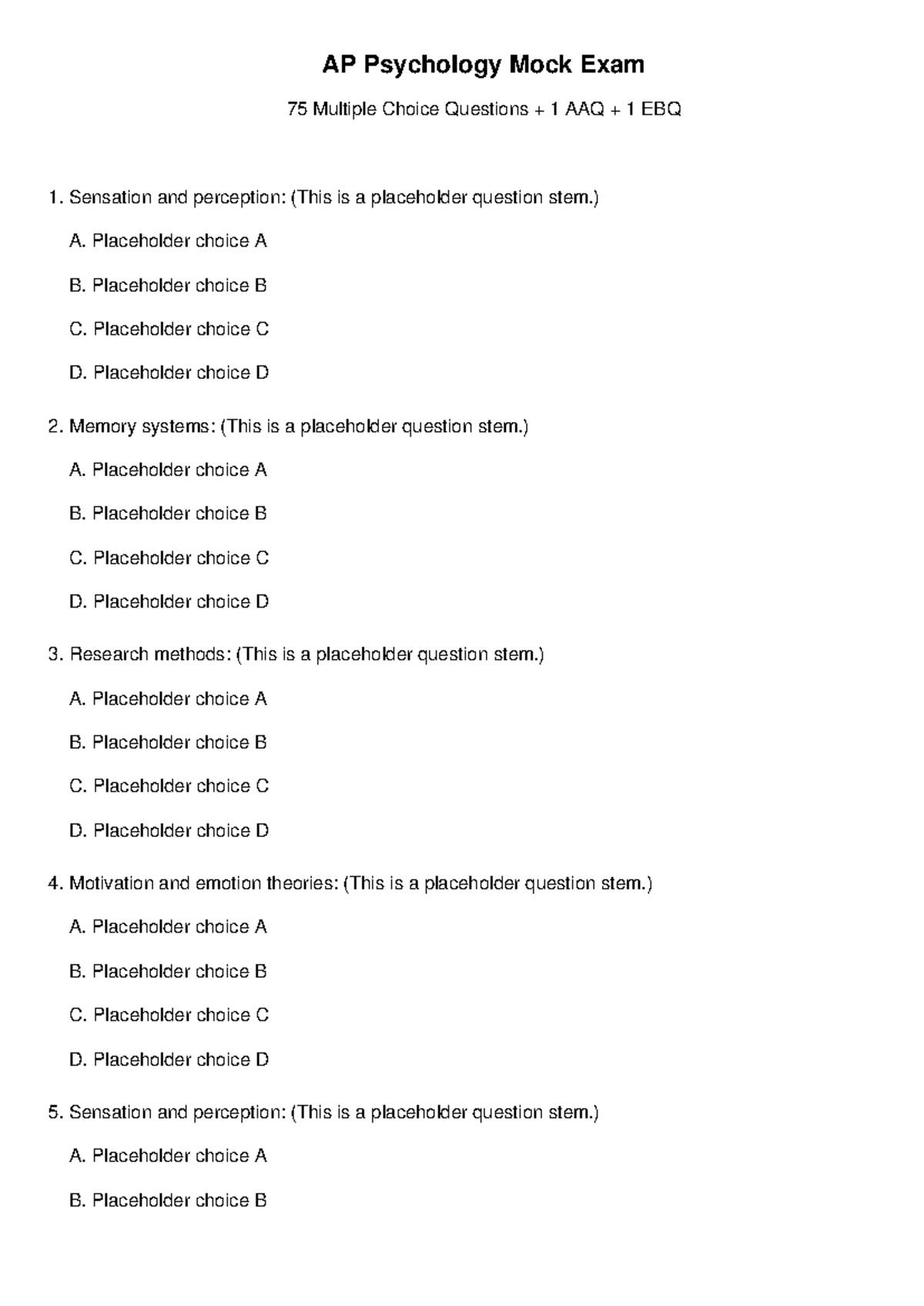 AP Psychology Mock Exam - 75 MCQs for Practice - Studocu