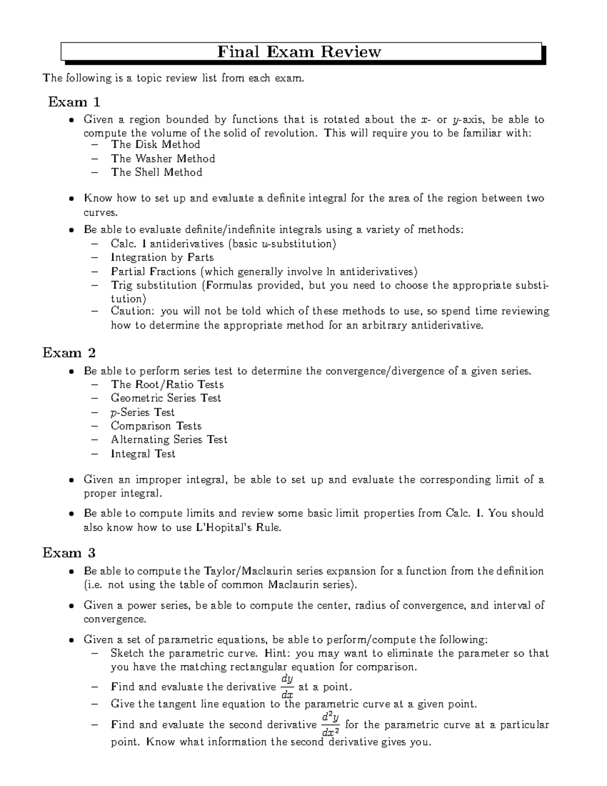 Final Exam Calc 2 - Final Exam Review The following is a topic review ...
