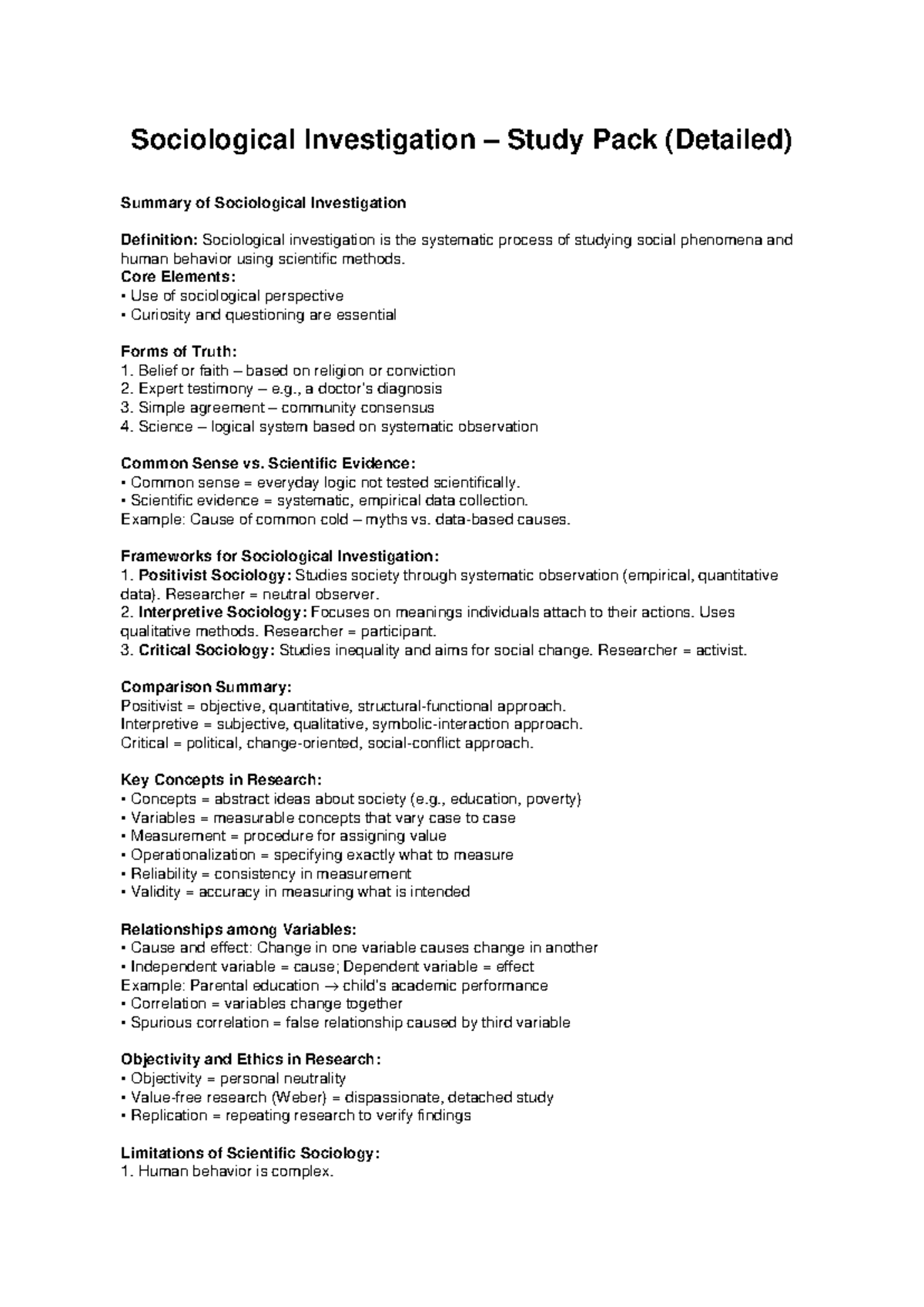 Sociological Investigation Study Pack (SOC101) - Comprehensive Overview ...