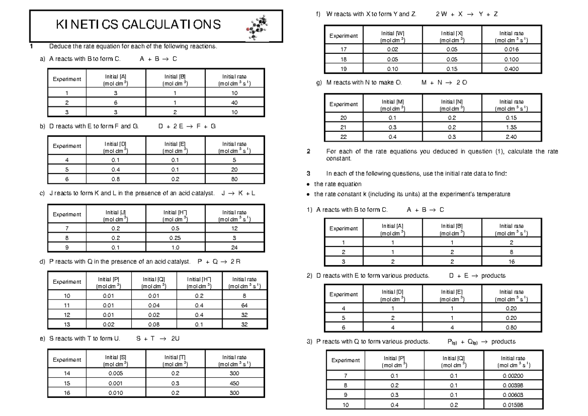 Kinetics Calculations and Rate Equations - Bio 2 Practice Materials ...