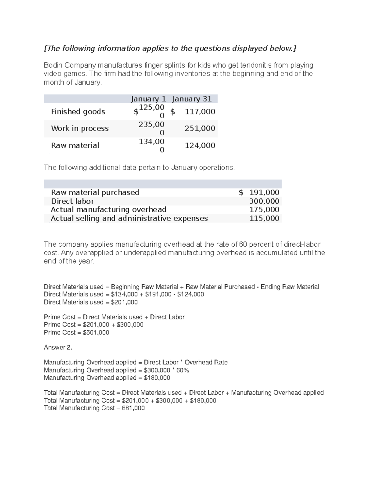 Chapter 3 Homework: Cost Accounting Analysis for January Operations ...