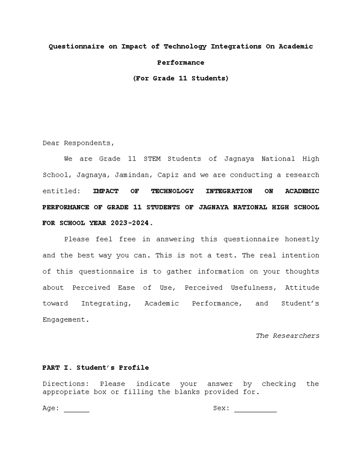 Questionnaire on Tech Integration & Academic Performance for Grade 11 ...