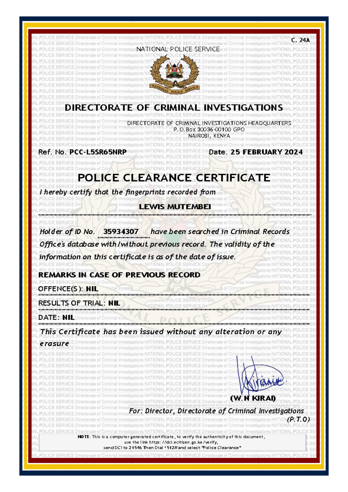 Police Clearance Certificate for Lewii - C. 24A DCI Document - Studocu