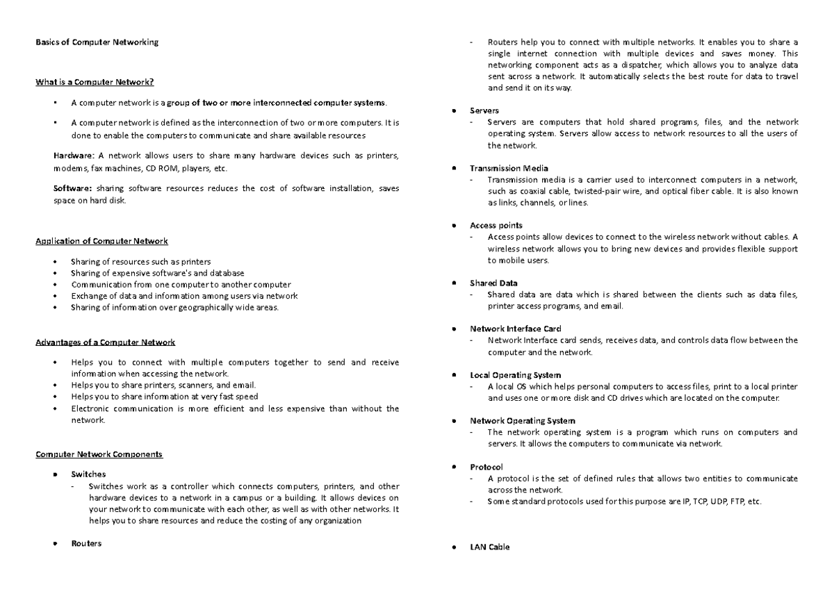 NET 101 Chapter 1 - Overview of Computer Networking Basics - Studocu
