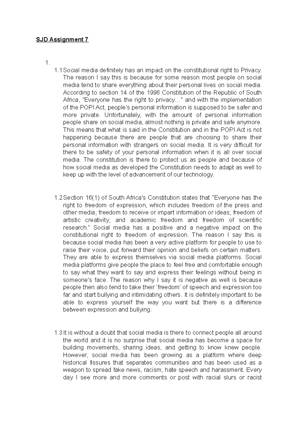 SJD1501 (777787) - assignment 7 - Name: Itumeleng Minnaar Student no: 10229213 Module: SJD - Studocu