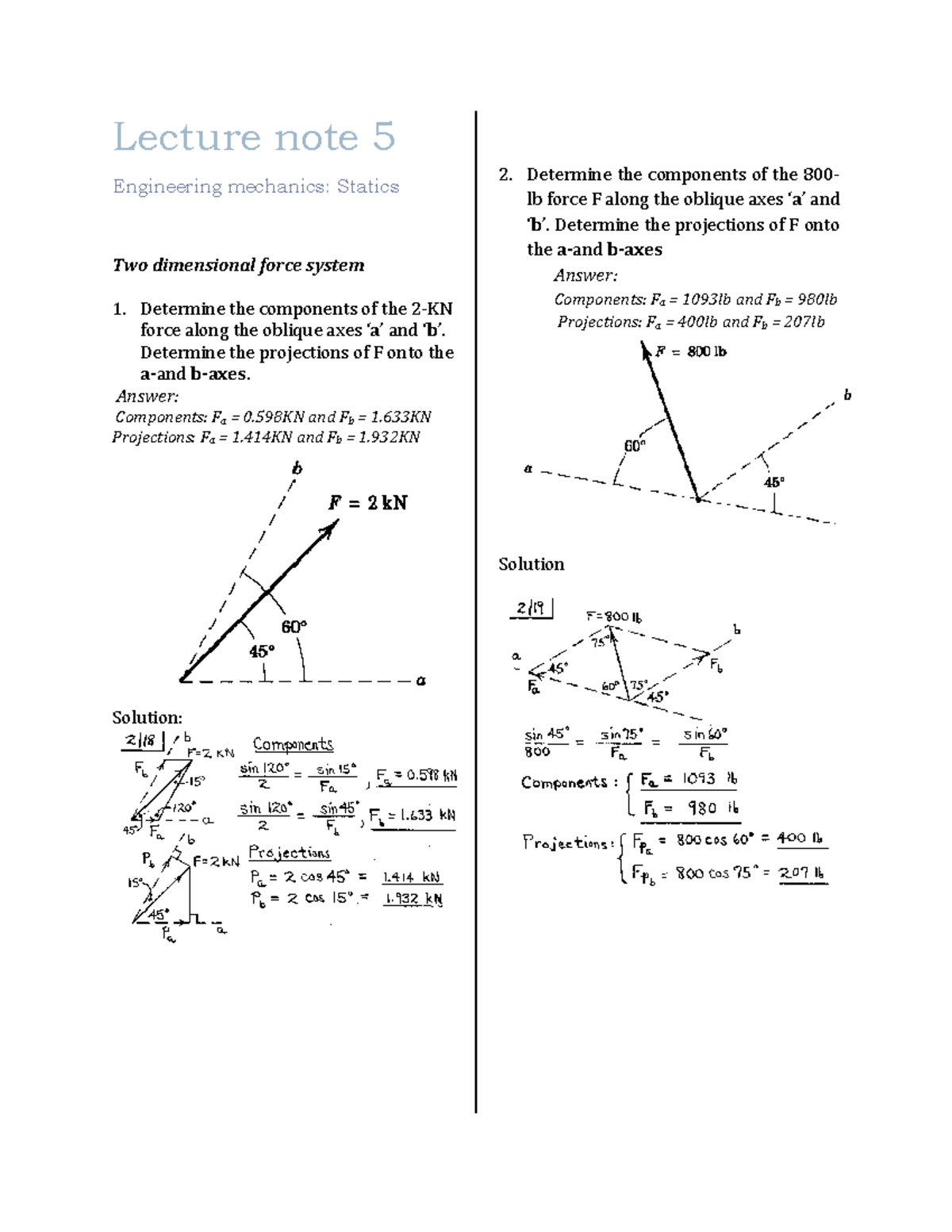 Engineering Mechanics Lecture Notes 5: 2D Force Systems Analysis - Studocu