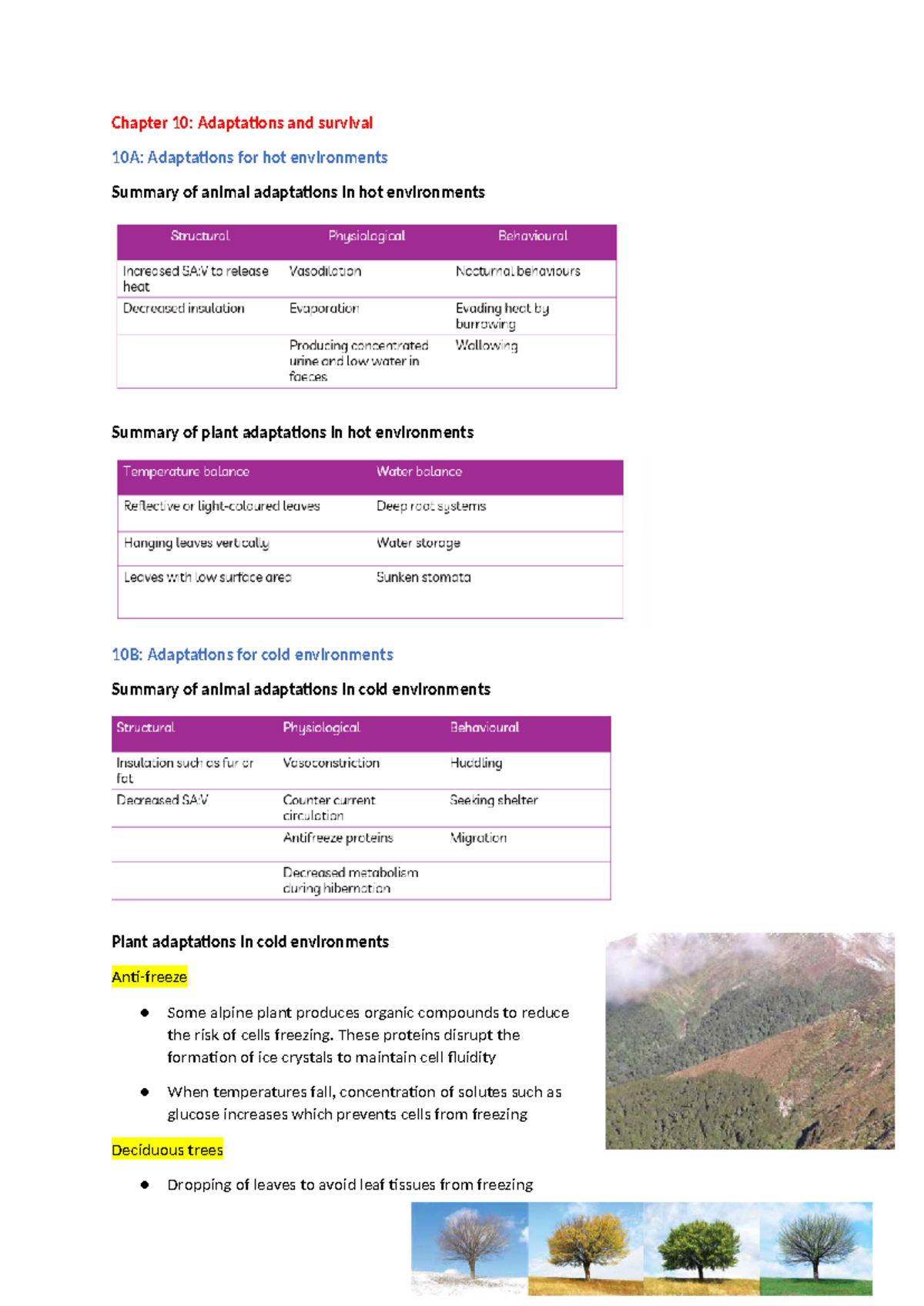 Chapter 10: Adaptations & Survival in Hot and Cold Environments - Studocu