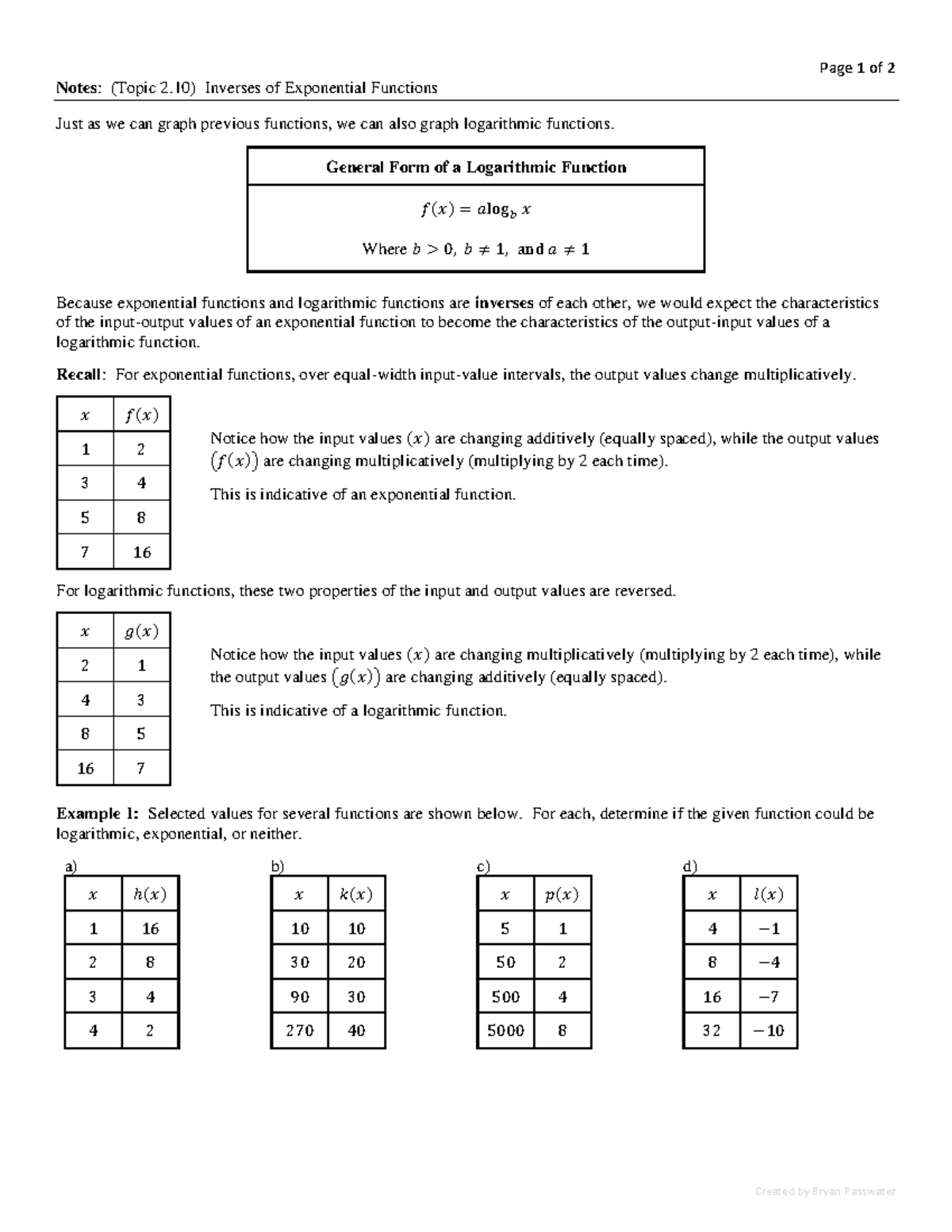 Notes 2.10 - Inverses of Exponential Functions - Page 1 of 2 Created by ...