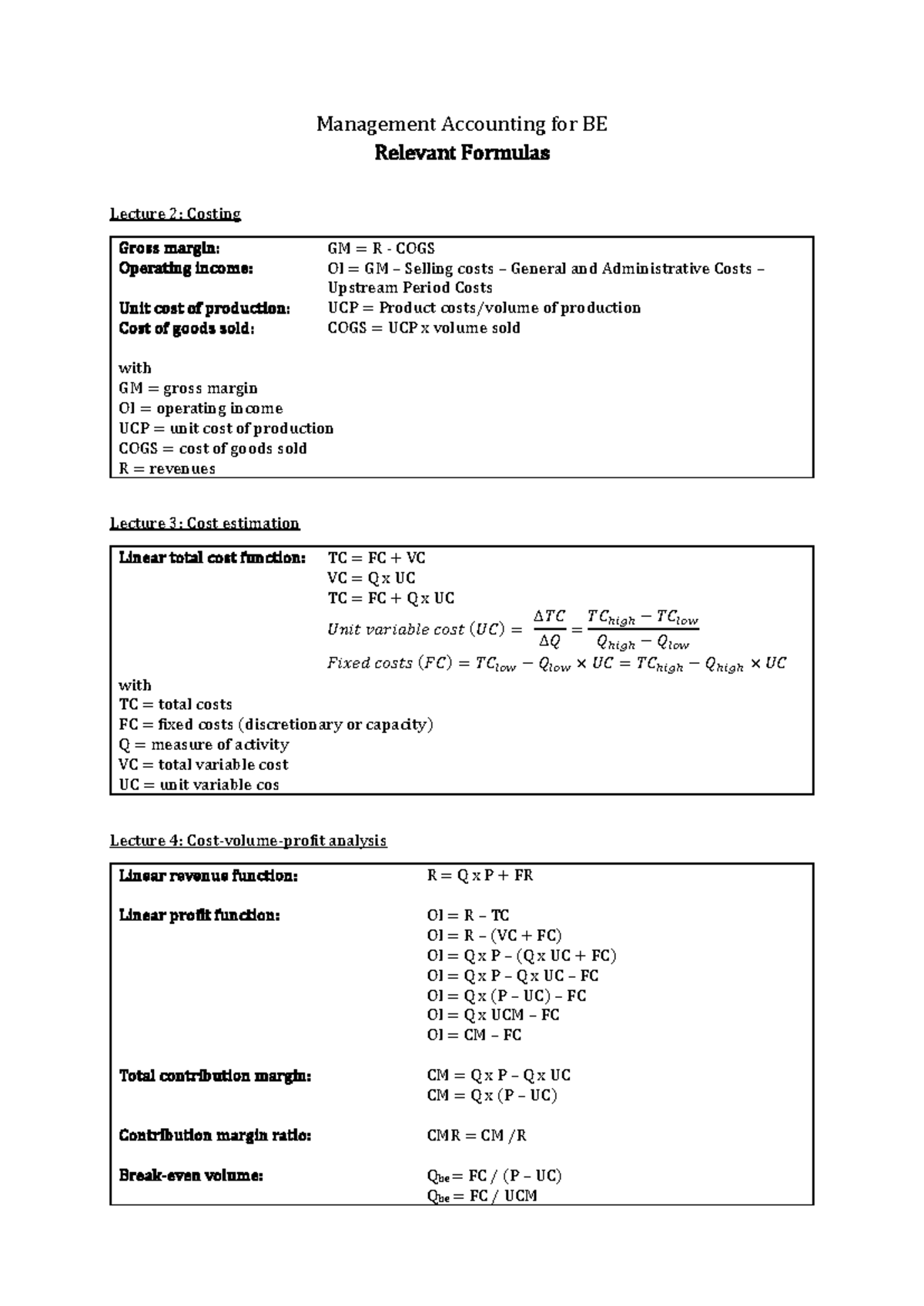 MABE Management Accounting Relevant Formulas for Exam 2026 - Studeersnel