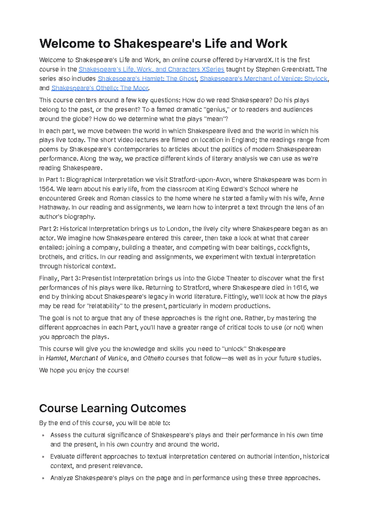 Welcome to Life and Work: An Intro to Shakespeare's Plays (HarvardX ...